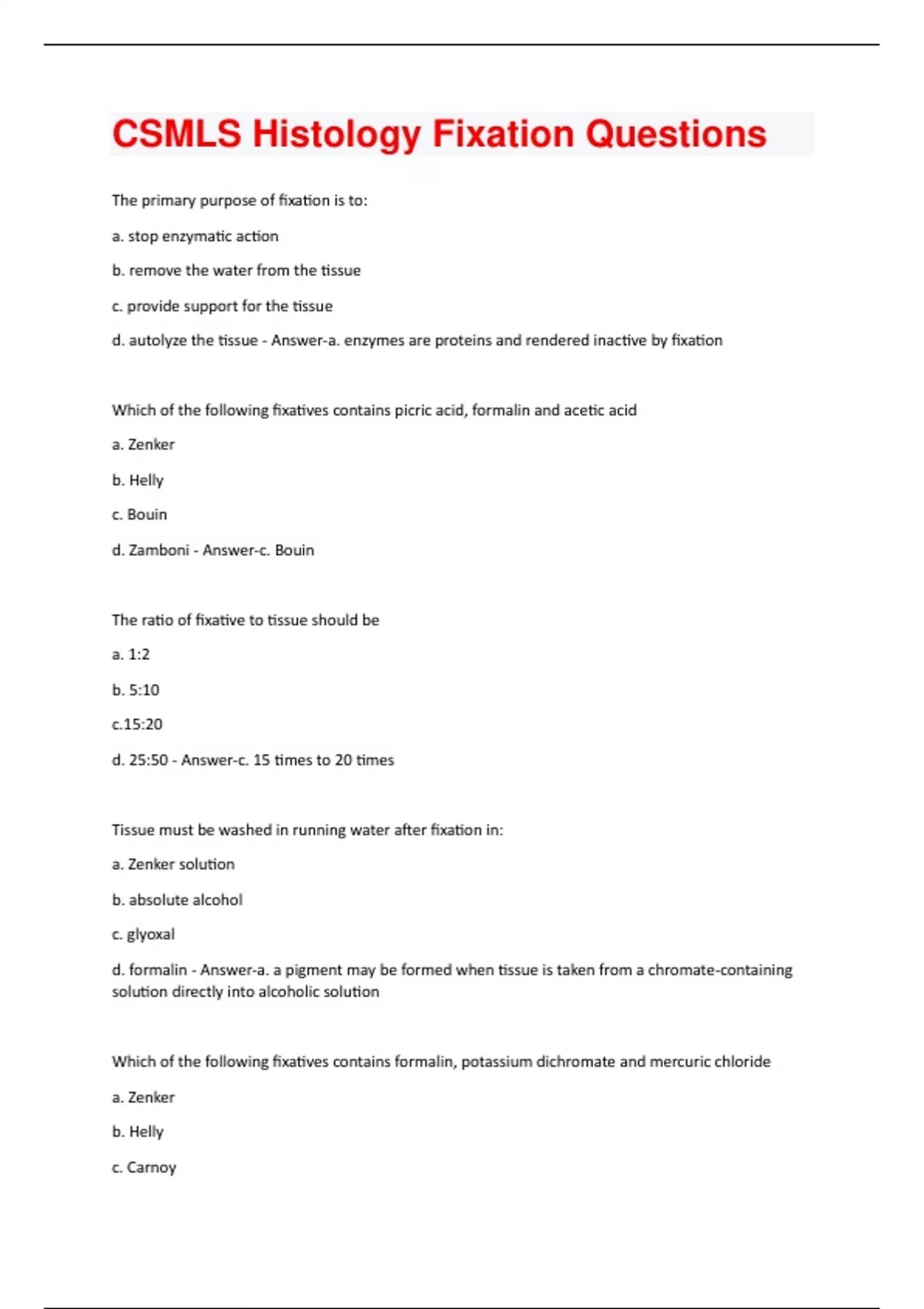 CSMLS Histology Fixation Questions and Answers with complete solution ...