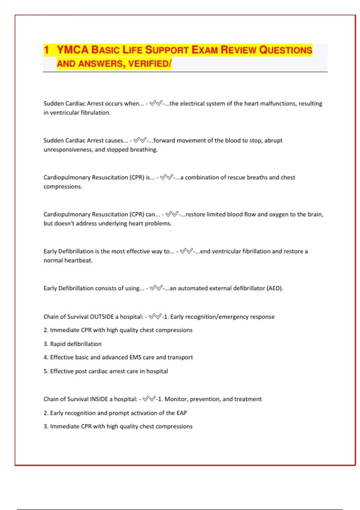 YMCA BASIC LIFE SUPPORT EXAM REVIEW QUESTIONS AND ANSWERS, V| LATEST ...