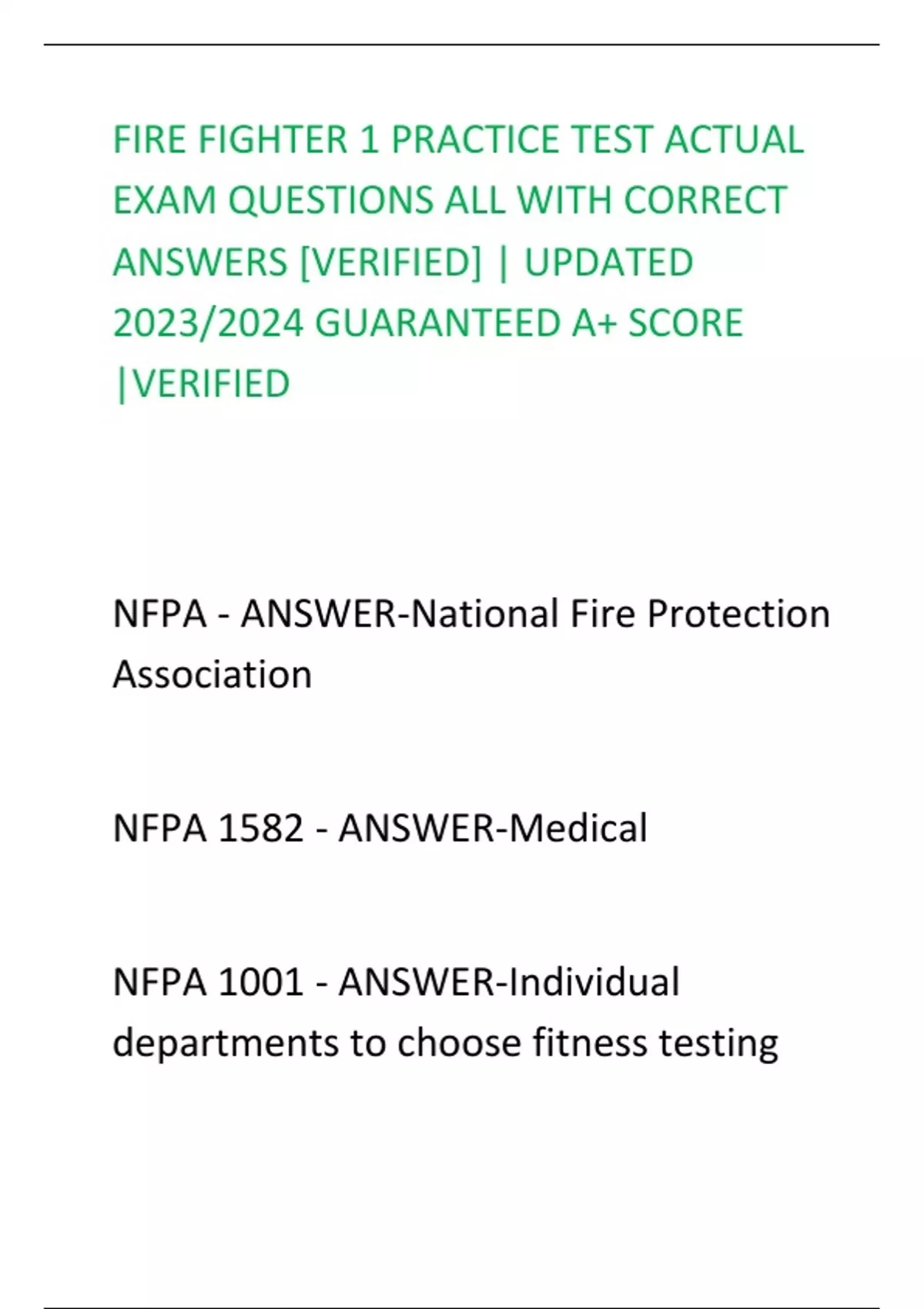 FIRE FIGHTER 1 PRACTICE TEST ACTUAL EXAM QUESTIONS ALL WITH CORRECT ...