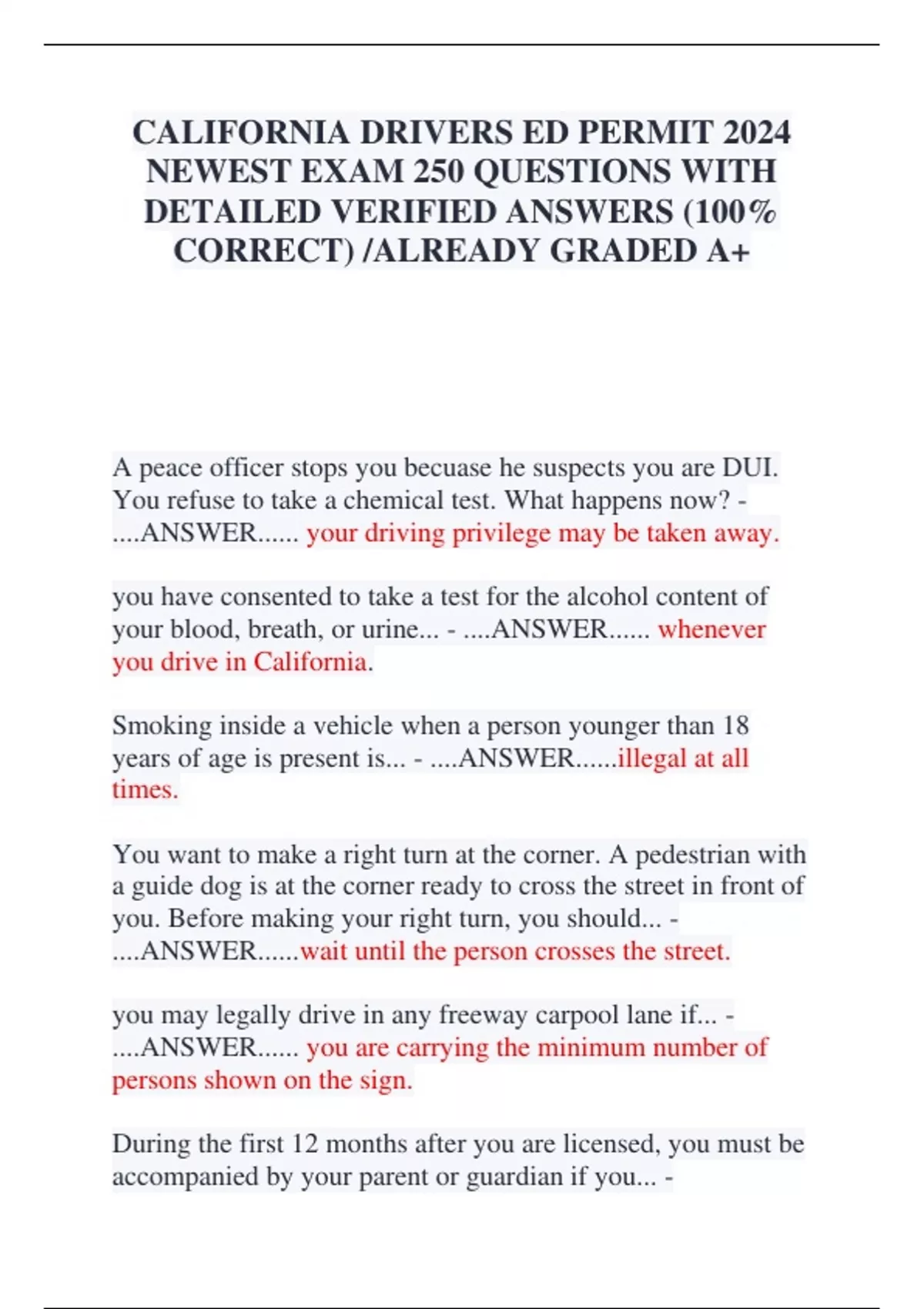 CALIFORNIA DRIVERS ED PERMIT 2024 NEWEST EXAM 250 QUESTIONS WITH ...