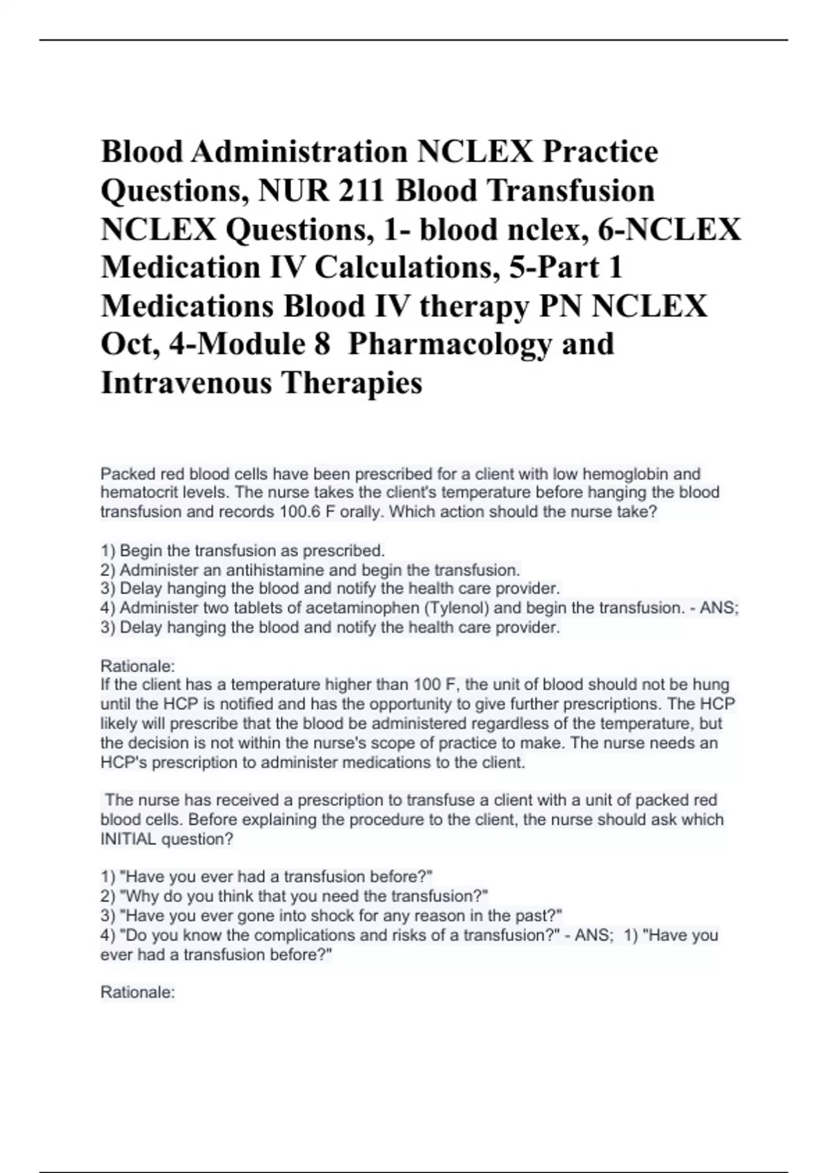 Blood Administration NCLEX Practice Questions, NUR 211 Blood ...