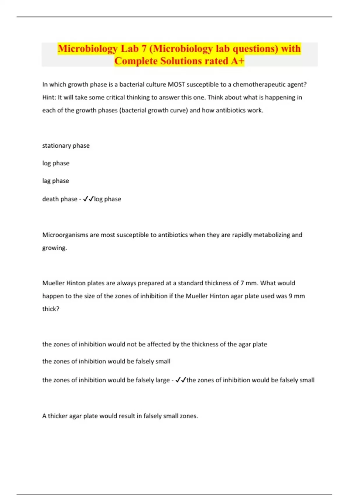 Microbiology Lab 7 (Microbiology lab questions) with Complete Solutions rated A+ - Microbiology ...