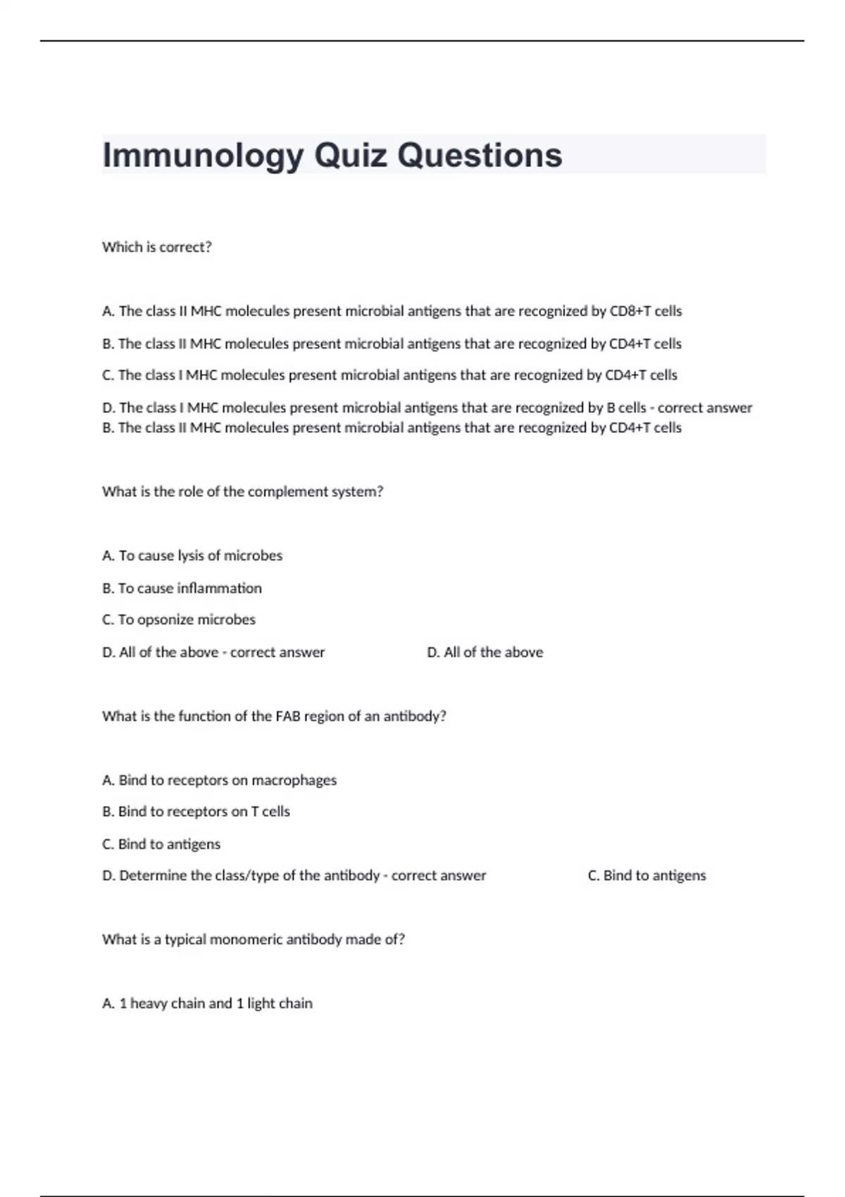 Immunology Quiz Questions With 100% Verified Answers. - Immunology ...