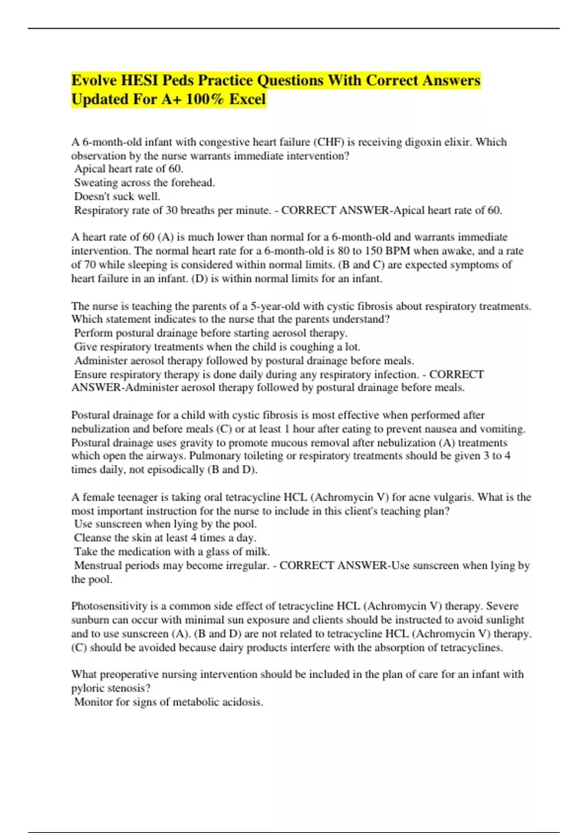 Evolve HESI Peds Practice Questions With Correct Answers Updated For A+ ...