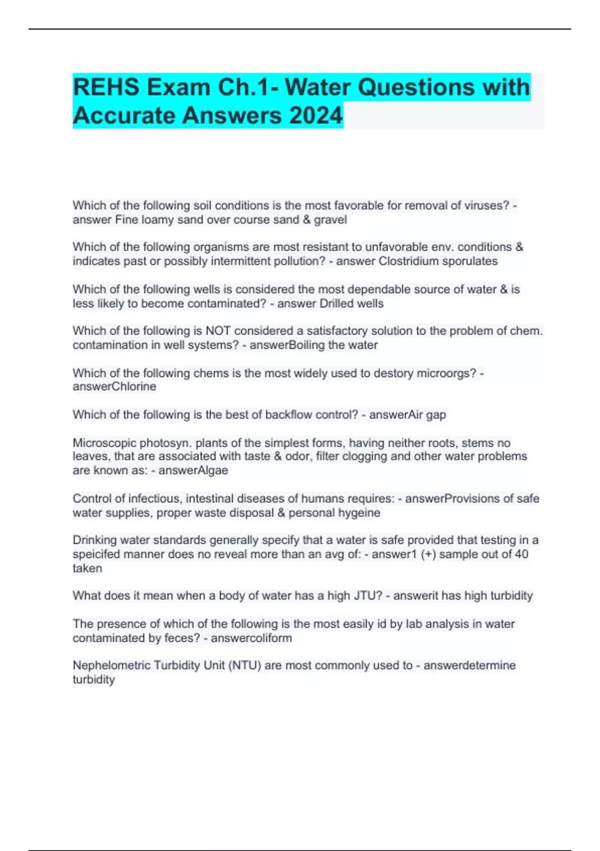 REHS Exam Ch.1- Water Questions with Accurate Answers 2024 - REHS ...