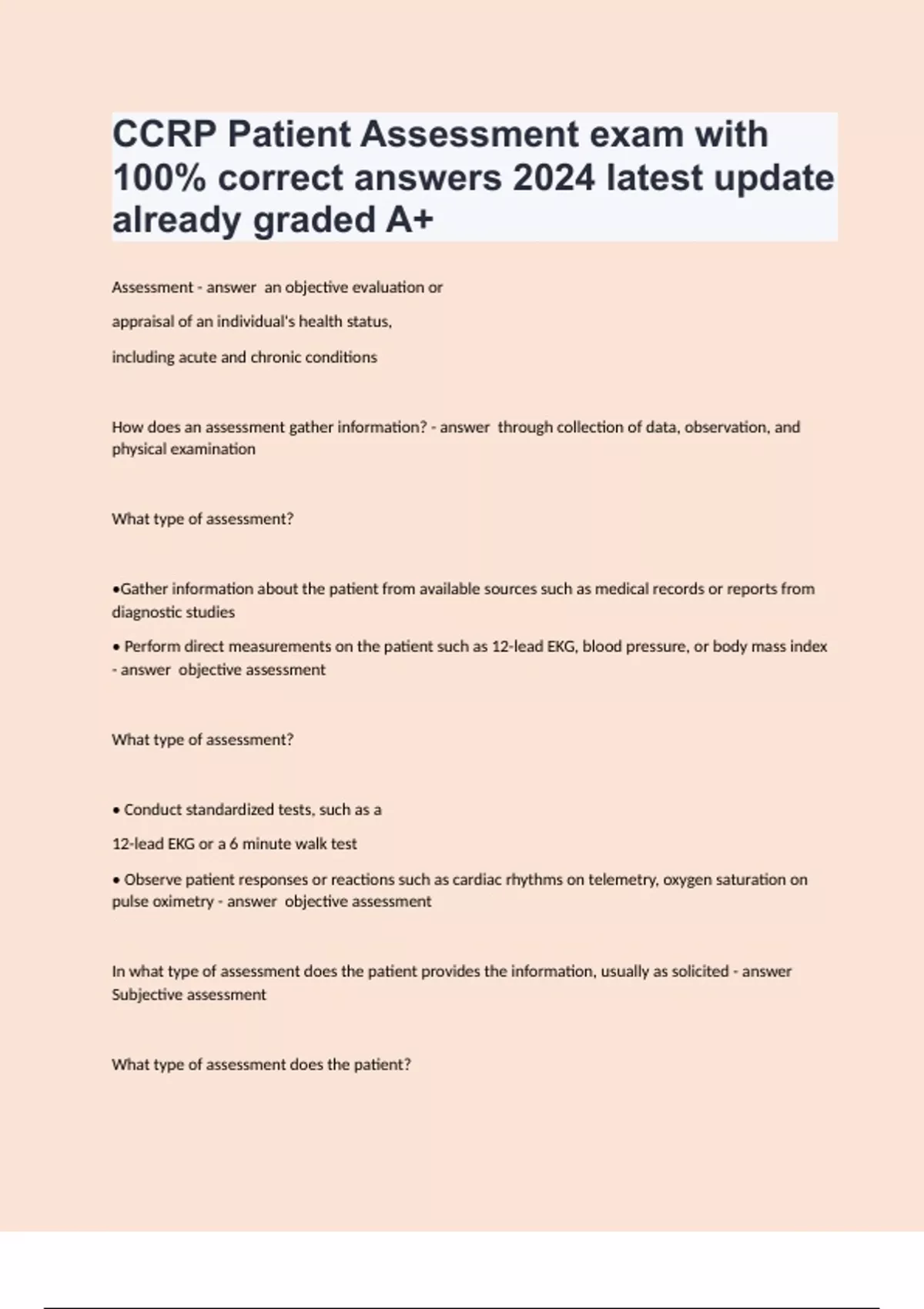 CCRP Patient Assessment exam with 100% correct answers 2024 latest ...