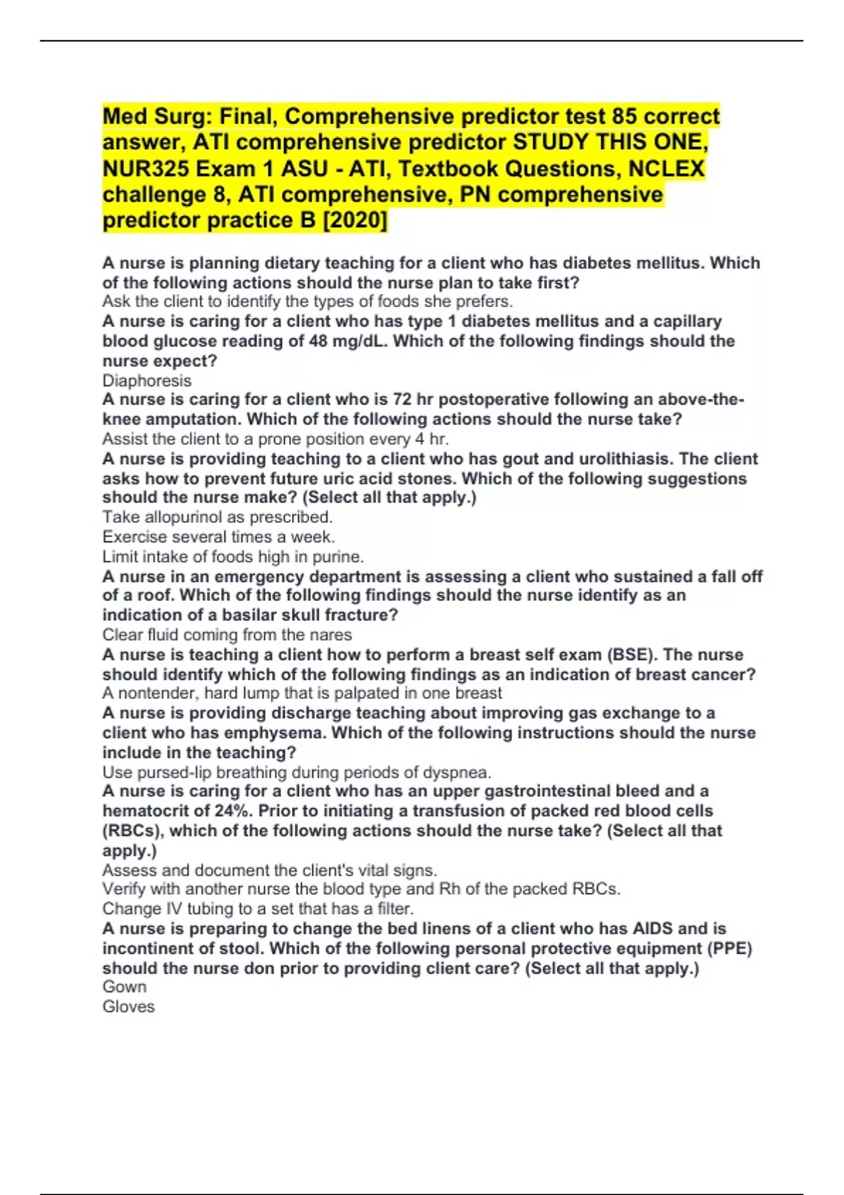 Med Surg: Final, Comprehensive predictor test 85 correct answer, ATI ...