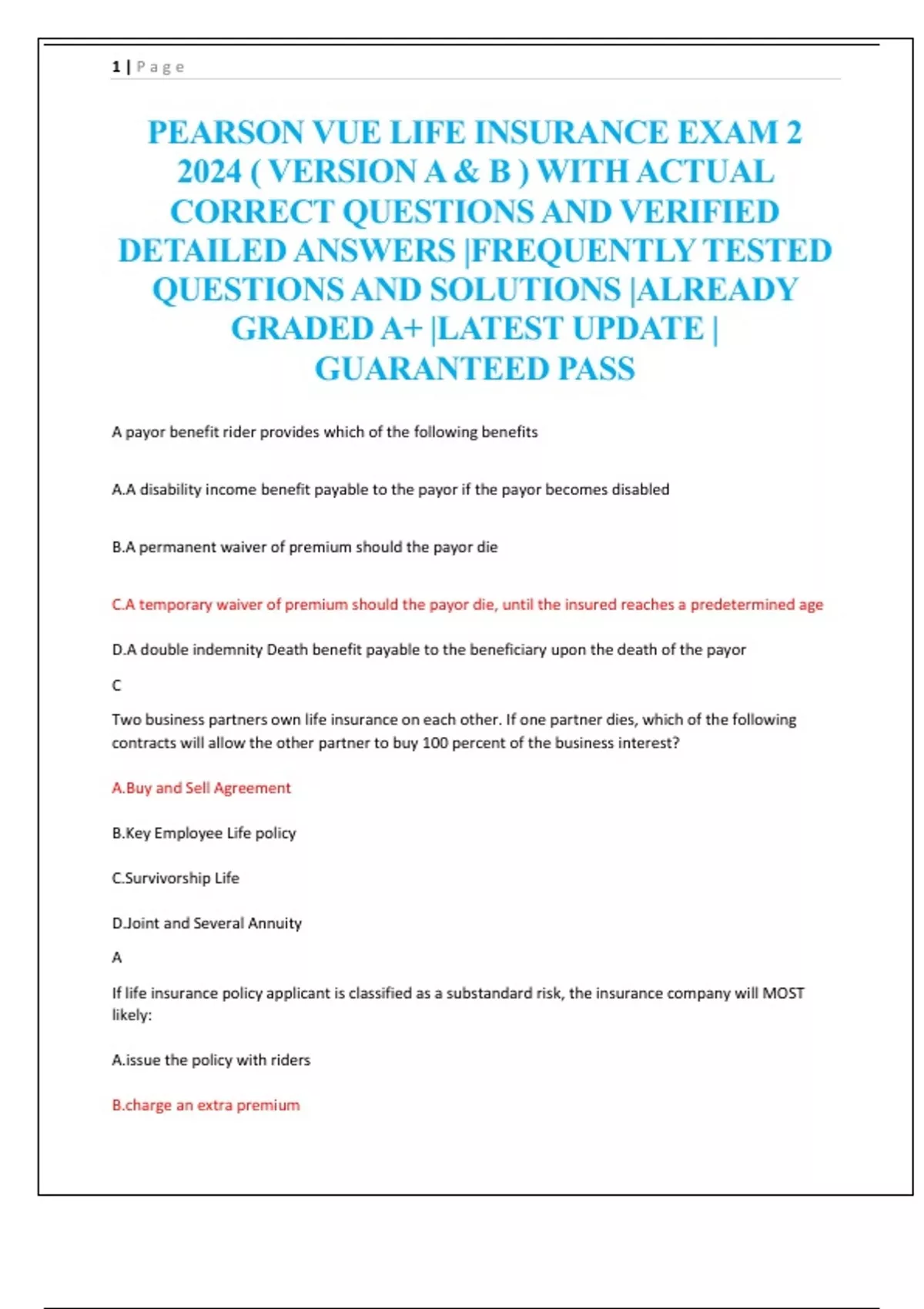 PEARSON VUE LIFE INSURANCE EXAM 2 2024 ( VERSION A & B ) WITH ACTUAL ...