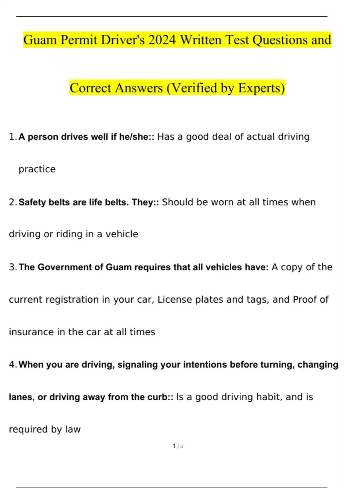 Guam Permit Driver's 2024 Written Test Questions and Answers (Verified ...