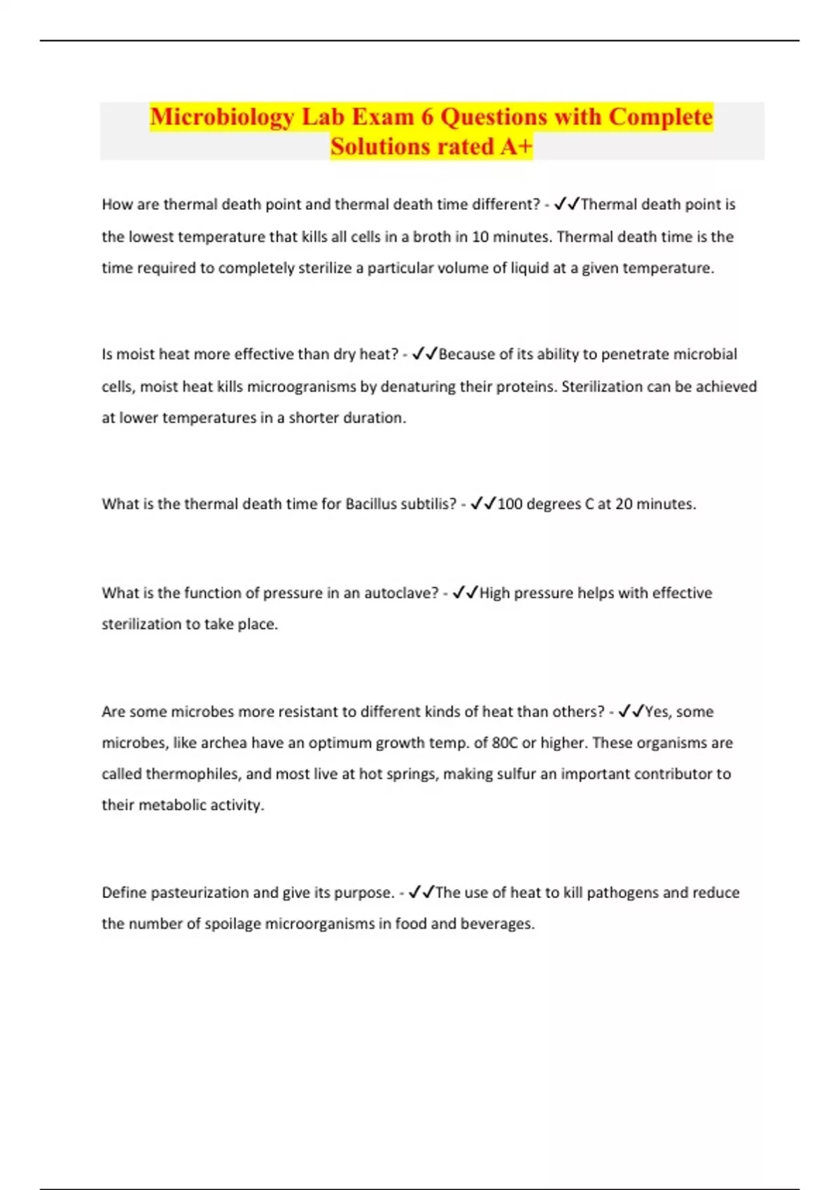 Microbiology Lab Exam 6 Questions with Complete Solutions rated A+ ...