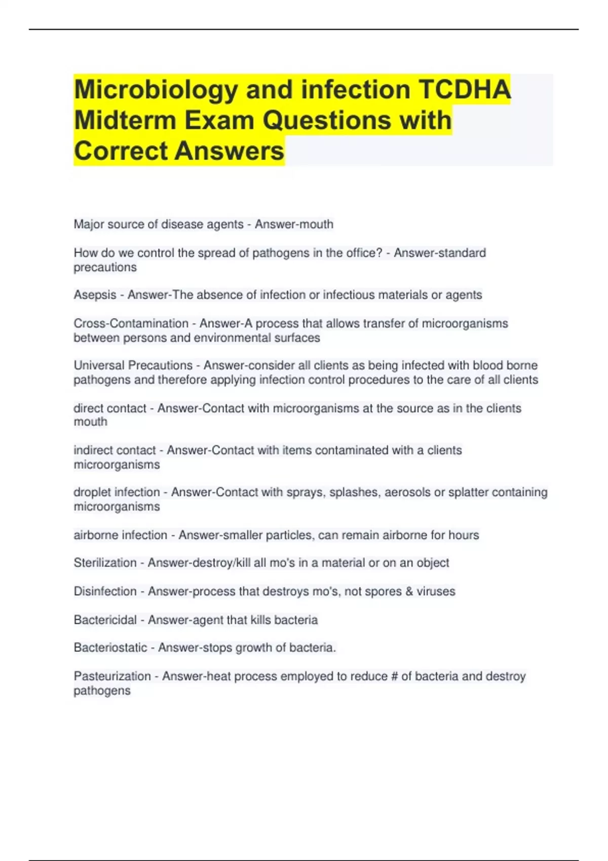 Microbiology and infection TCDHA Midterm Exam Questions with Correct ...