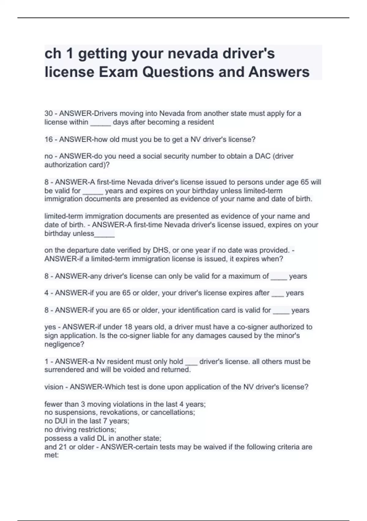 ch 1 getting your nevada driver's license Exam Questions and Answers ...