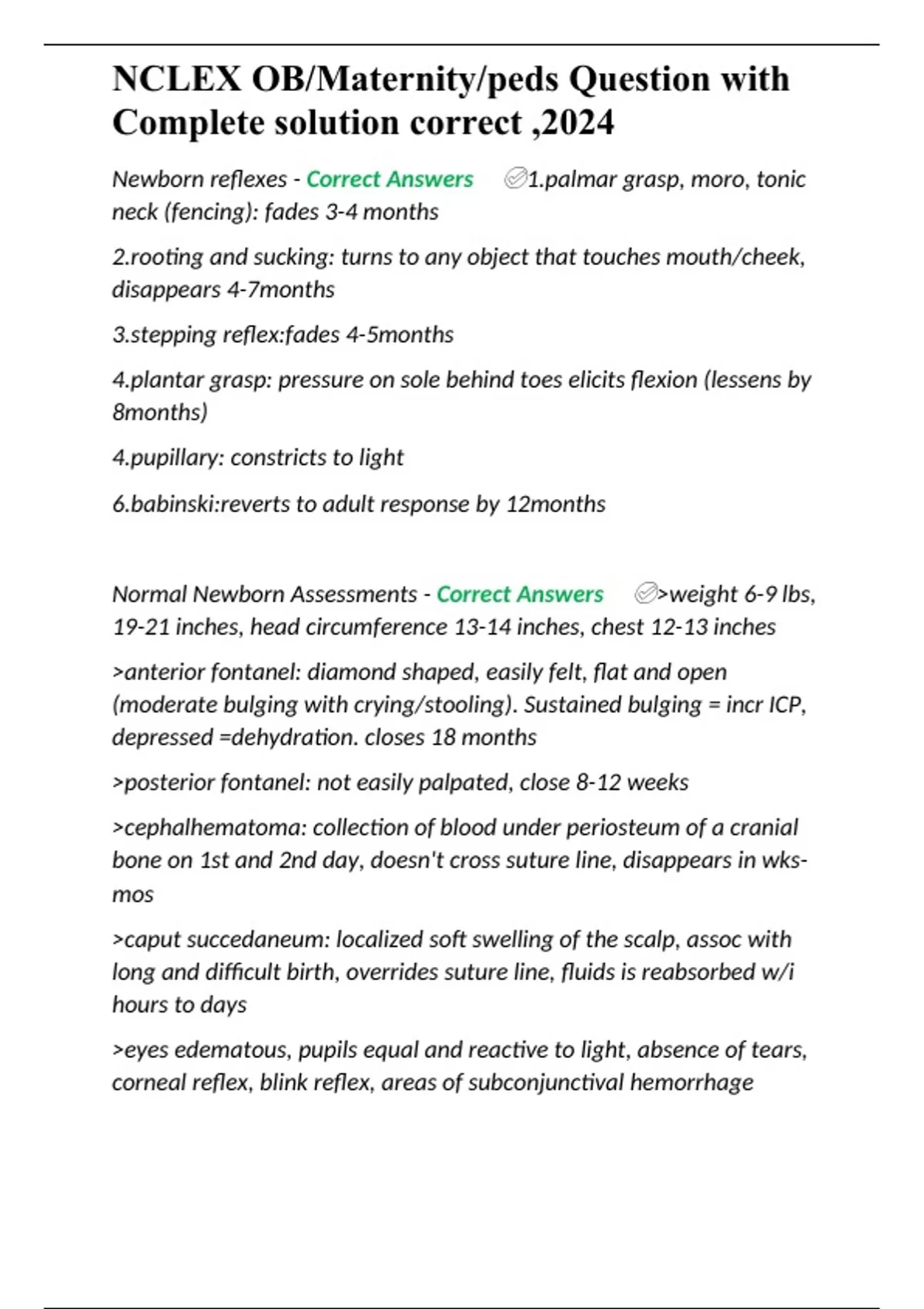 NCLEX OB/Maternity/peds Question with Complete solution correct ,2024 ...