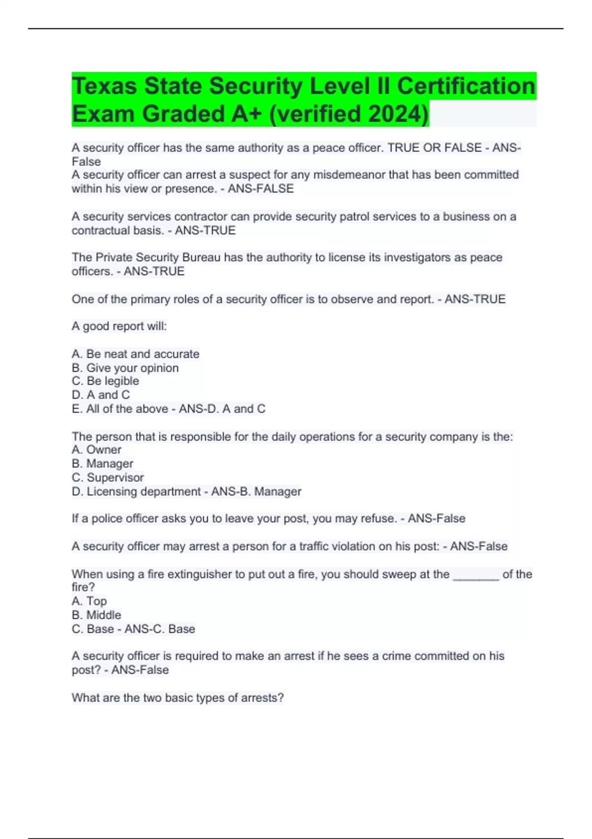 Texas State Security Level II Certification Exam Graded A+ (verified ...