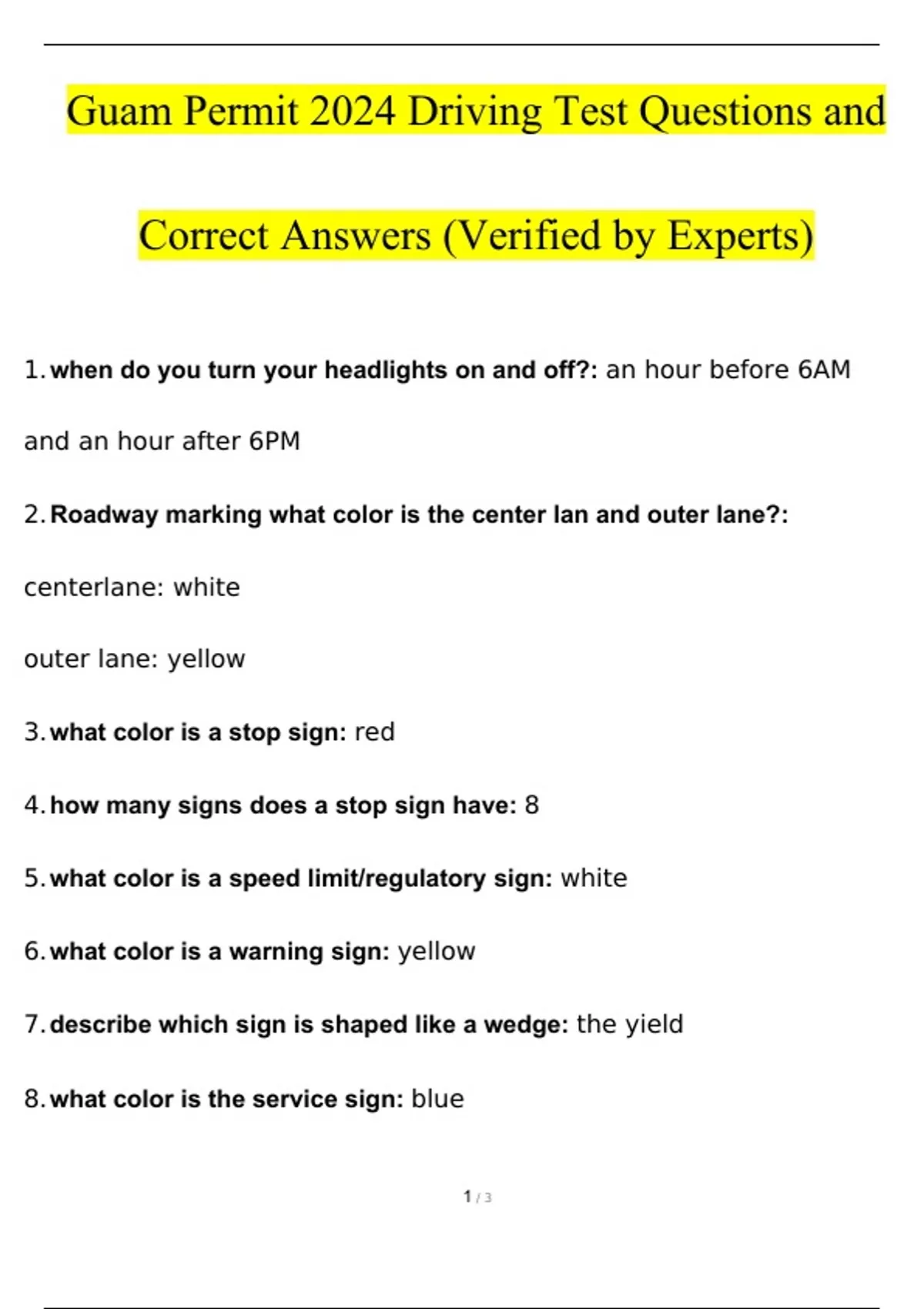 Guam Permit 2024 Driving Test Questions and Answers (Verified Answers ...