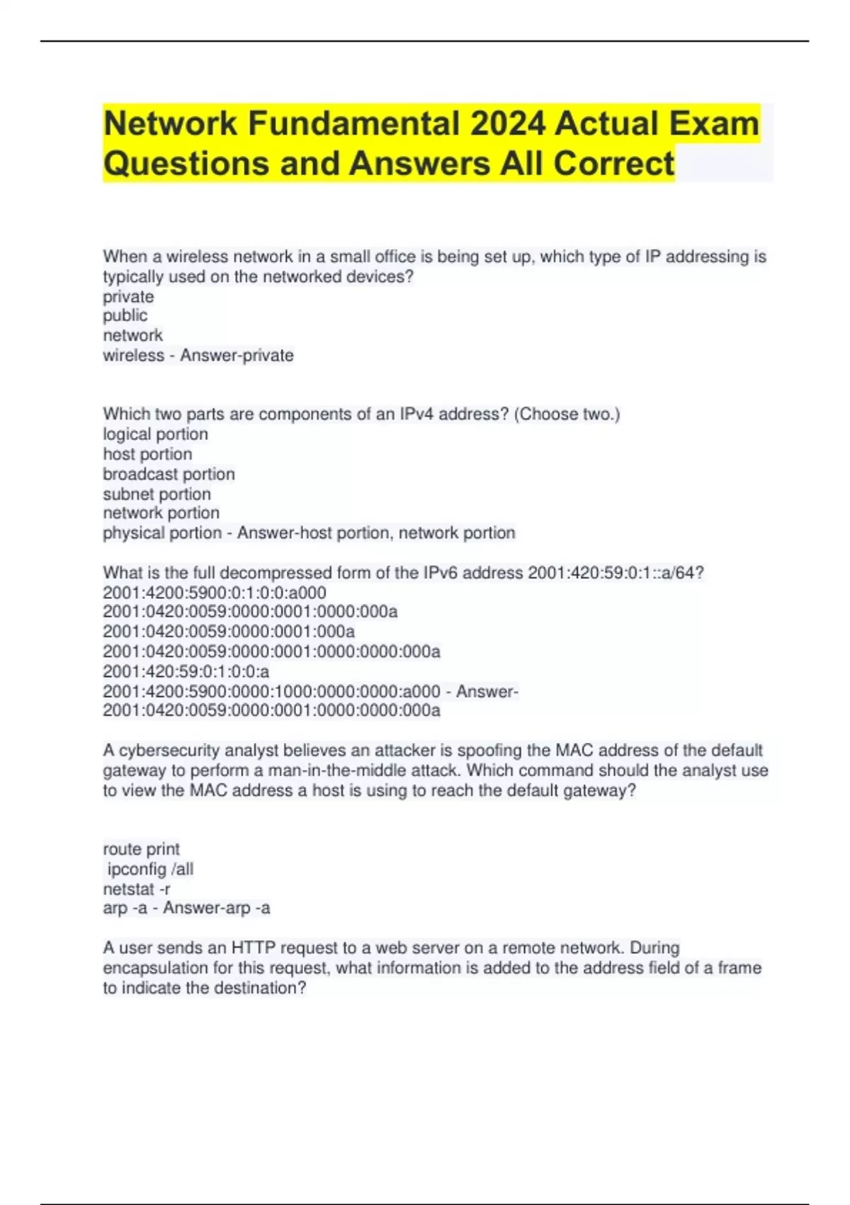 Network Fundamental 2024 Actual Exam Questions and Answers All Correct ...