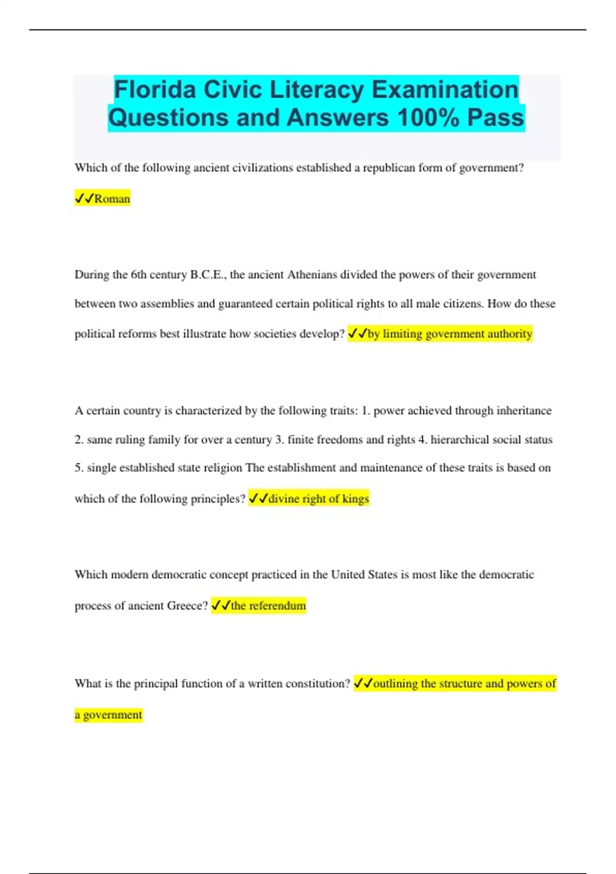 Florida Civic Literacy Examination Questions and Answers 100% Pass ...