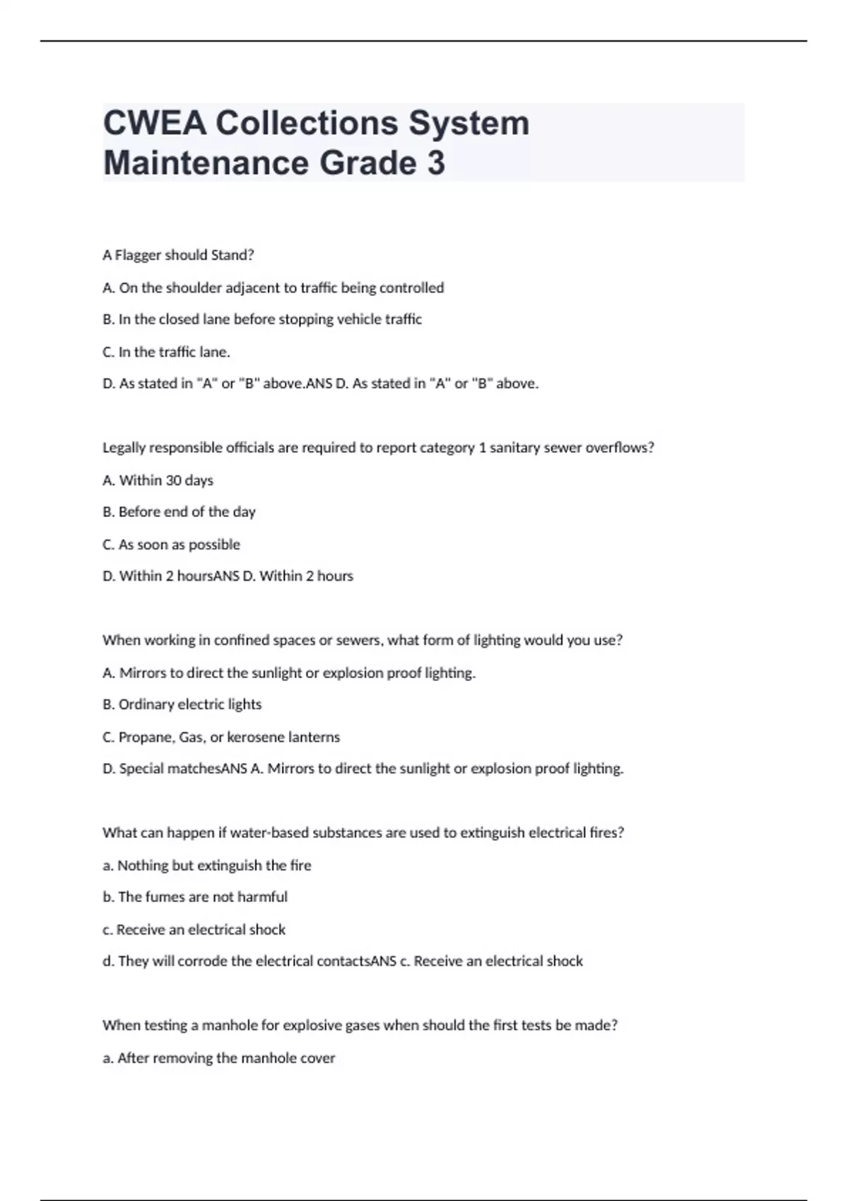 CWEA Collections System Maintenance Grade 3 Exam Questions With Answers ...