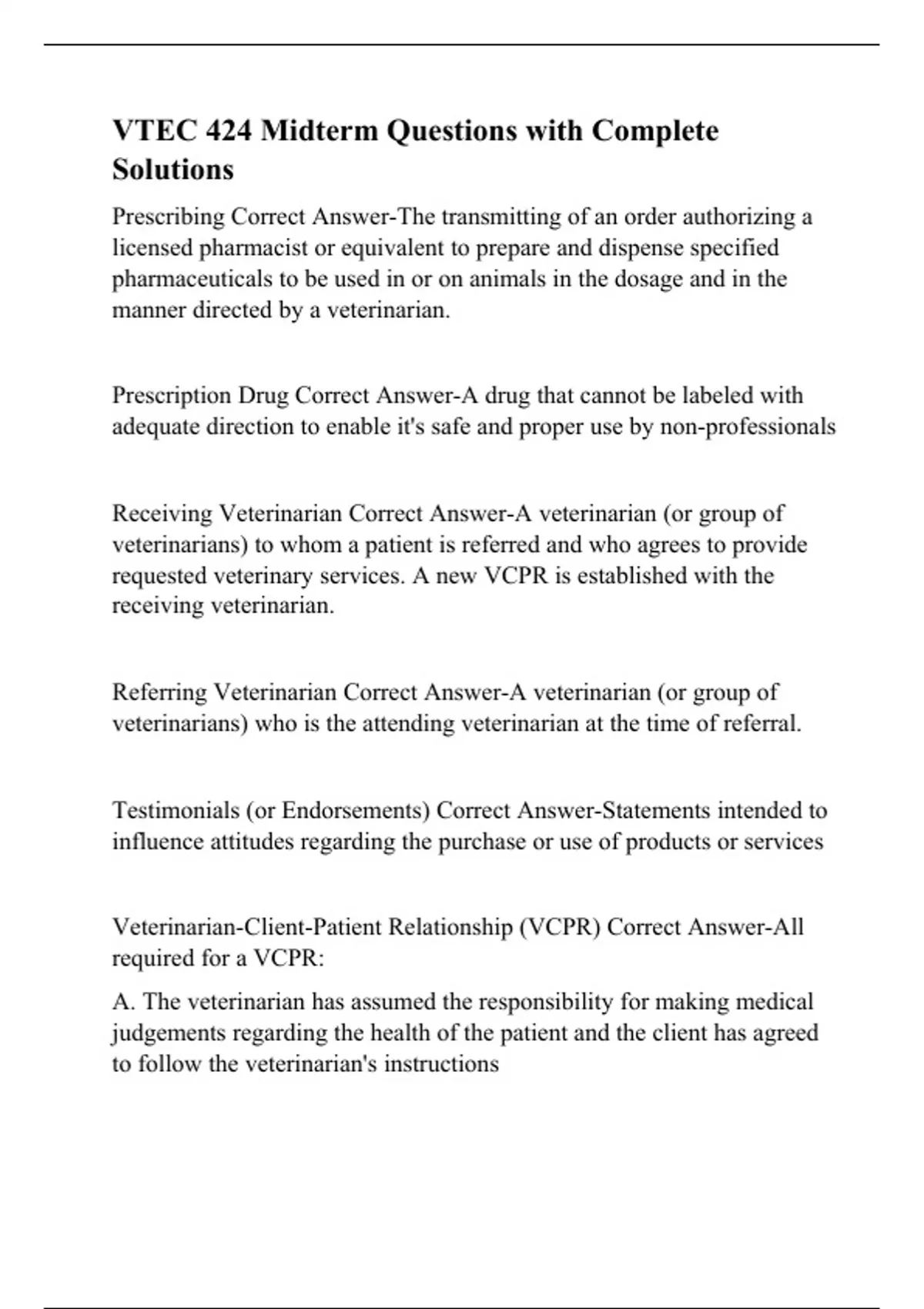 VTEC 424 Midterm Questions with Complete Solutions - VTEC - Stuvia US