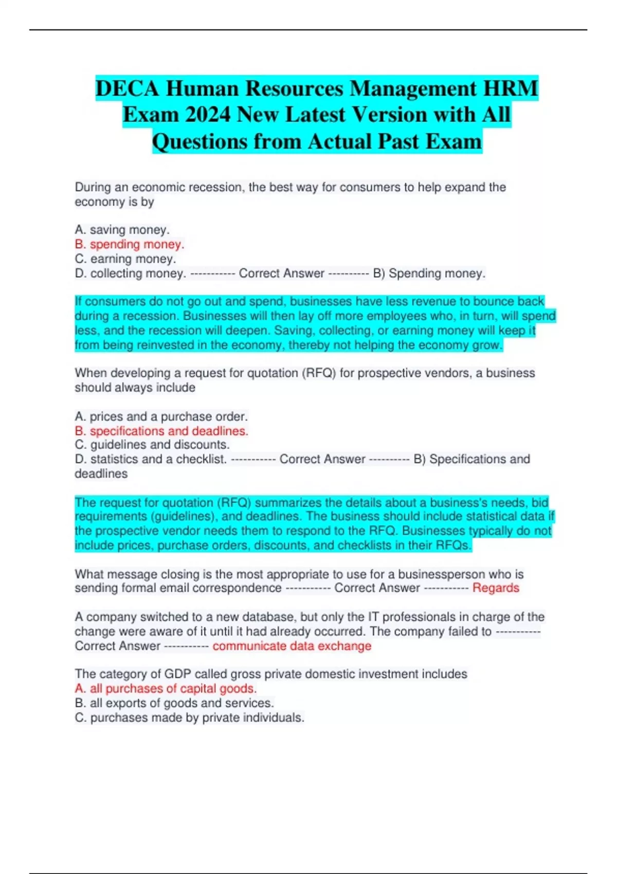 DECA Human Resources Management HRM Exam 2024 New Latest Version with ...