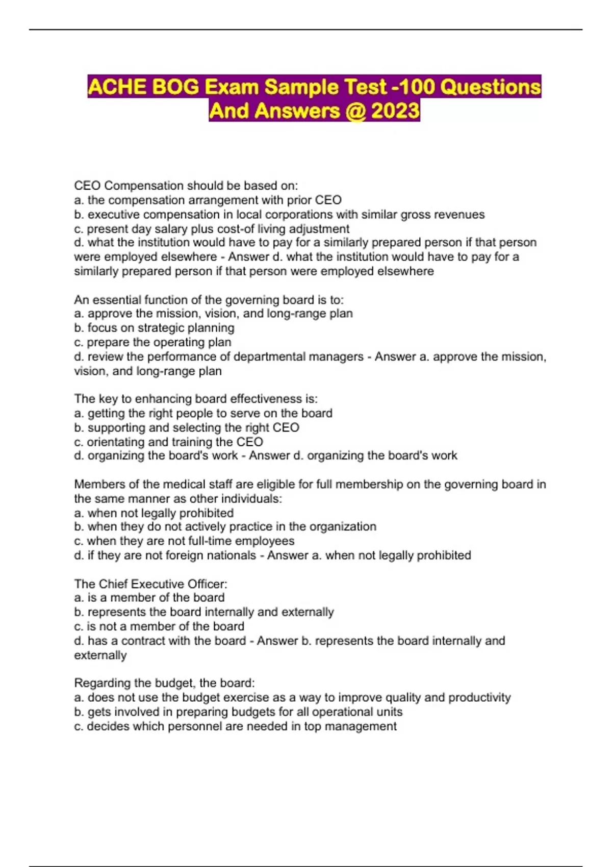 ACHE BOG Exam Sample Test -100 Questions And Answers updated 2024 ...