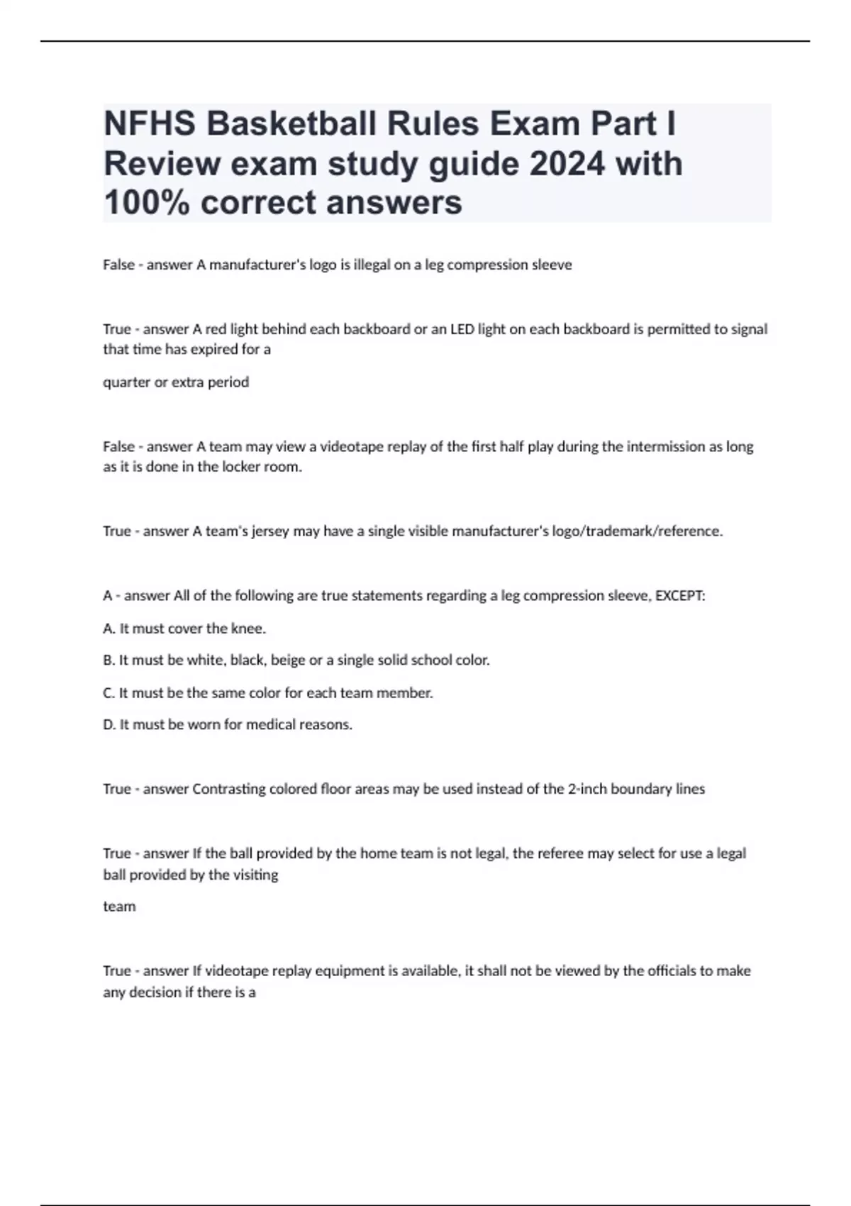 NFHS Basketball Rules Exam Part I Review exam study guide 2024 with 100 ...