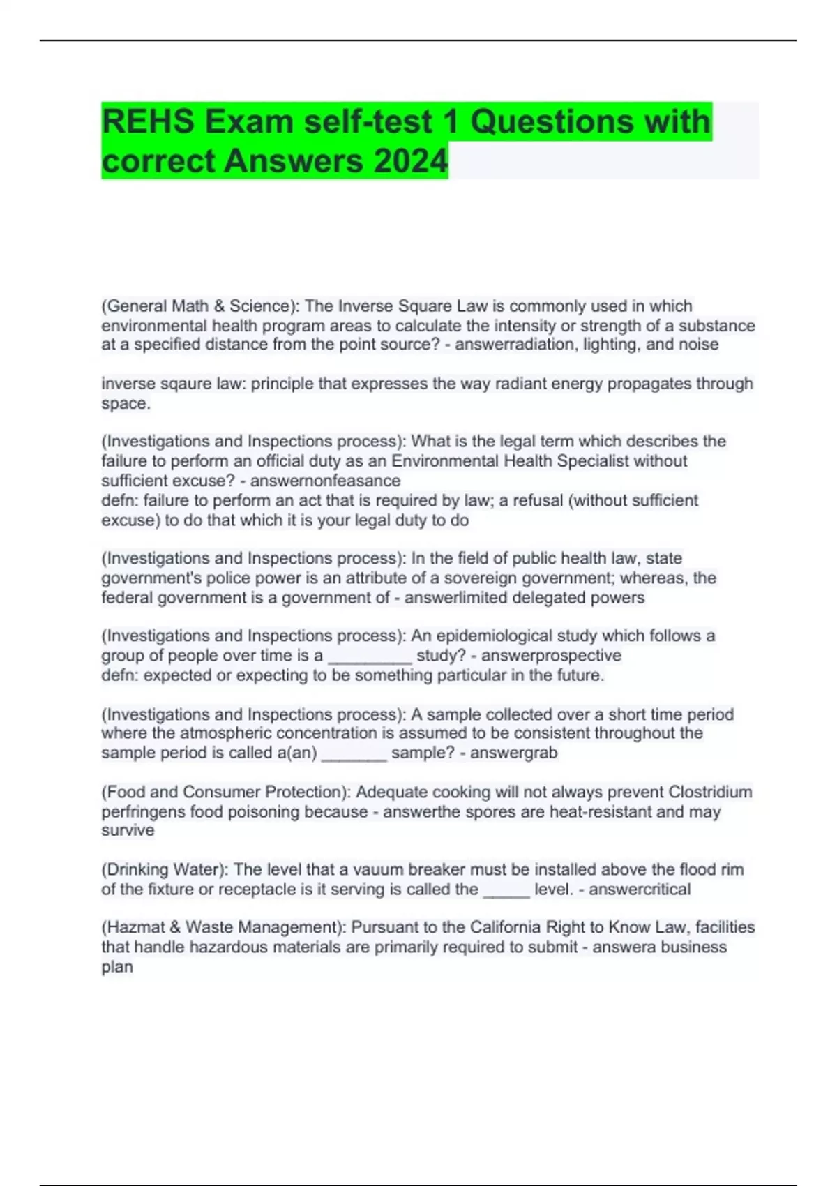 REHS Exam self-test 1 Questions with correct Answers 2024 - REHS ...