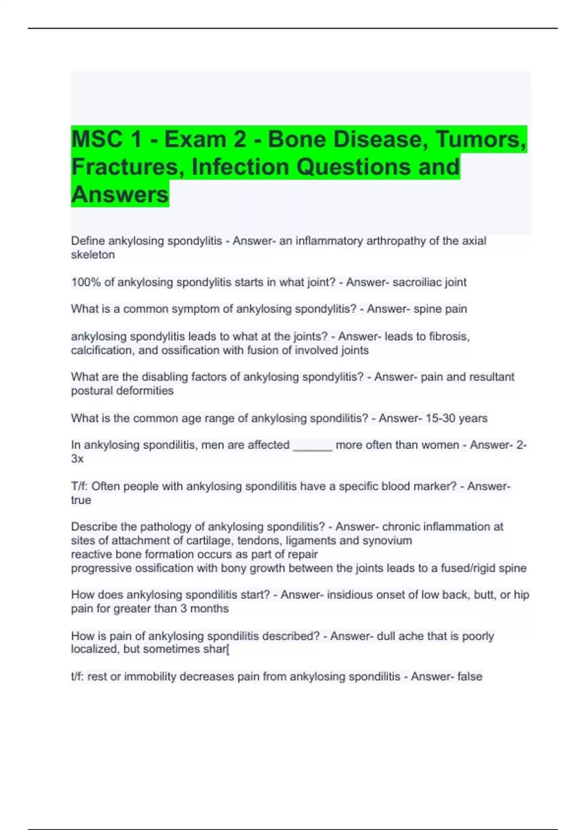 MSC 1 - Exam 2 - Bone Disease, Tumors, Fractures, Infection Questions ...