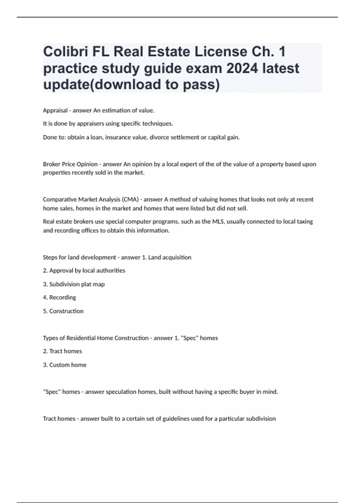 Colibri FL Real Estate License Ch. 1 practice study guide exam 2024 ...