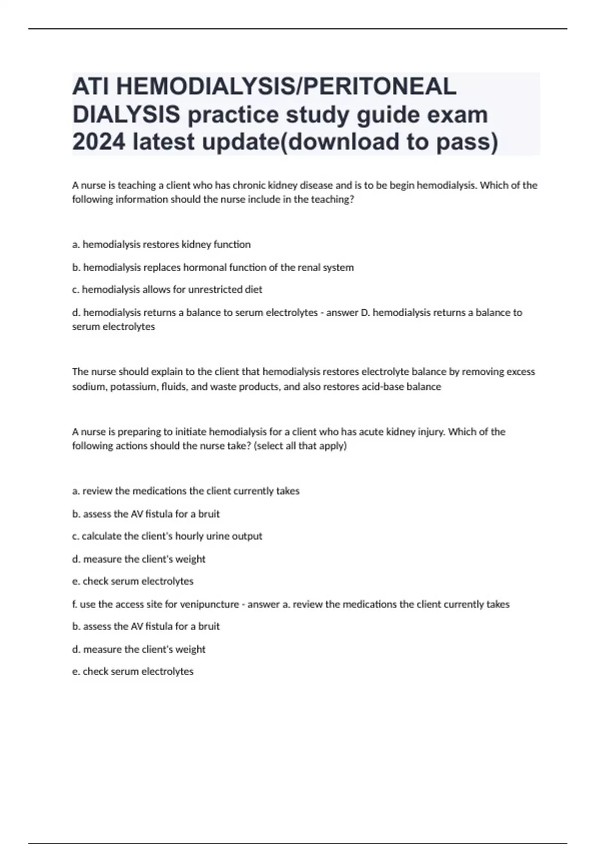 ATI HEMODIALYSIS PERITONEAL DIALYSIS practice study guide exam 2024 ...