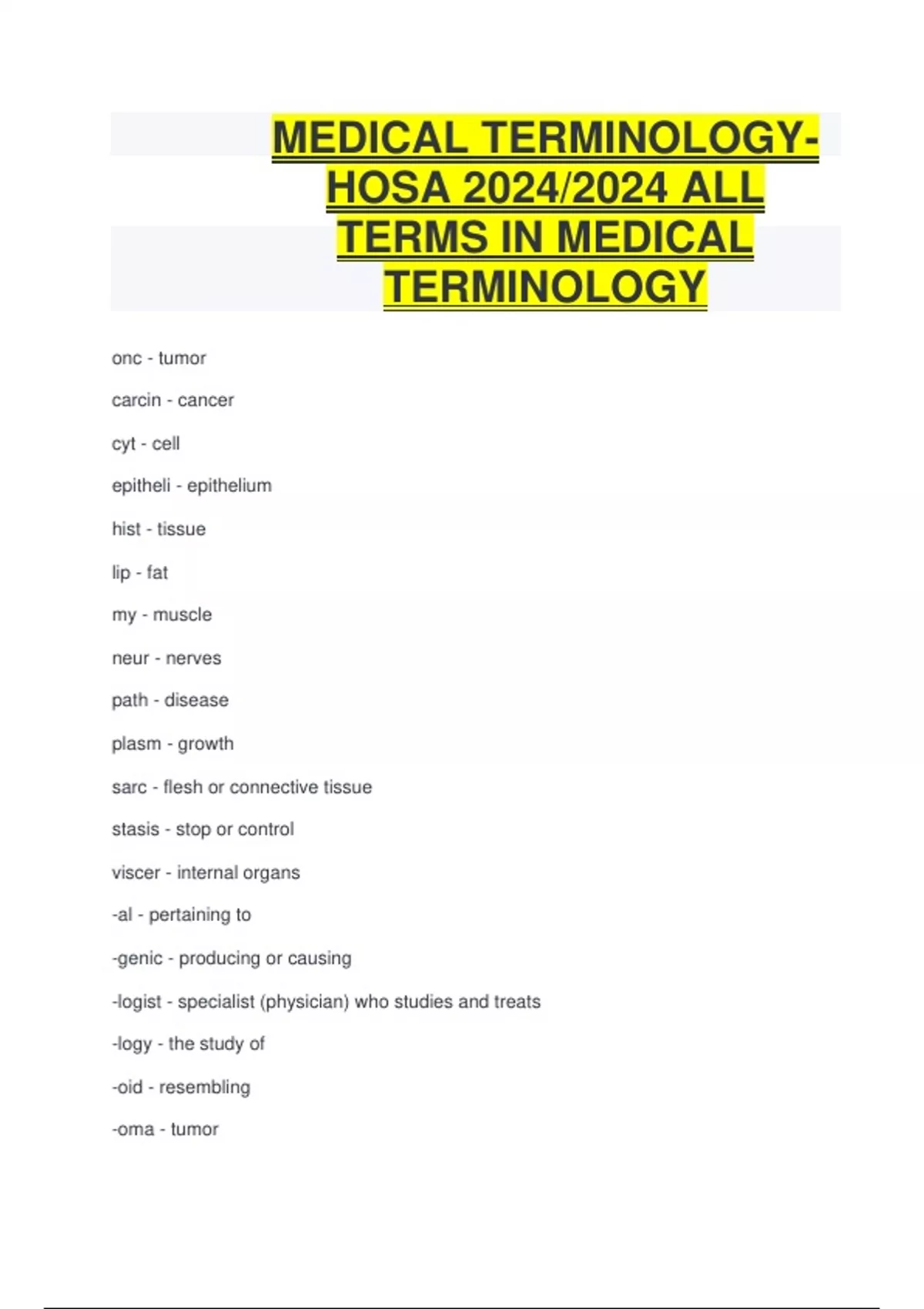 MEDICAL TERMINOLOGY HOSA 2024/2024 ALL TERMS IN MEDICAL TERMINOLOGY - MEDICAL TERMINOLOGY HOSA ...