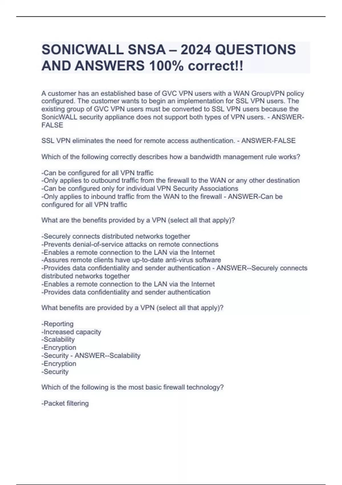 SONICWALL SNSA – 2024 QUESTIONS AND ANSWERS 100% correct!! - SONICWALL ...
