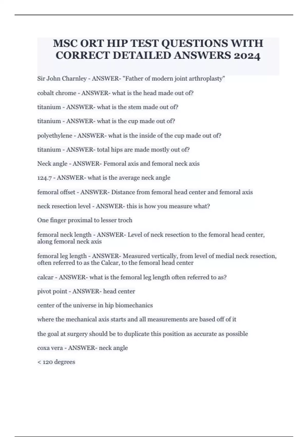 MSC ORT HIP TEST QUESTIONS WITH CORRECT DETAILED ANSWERS 2024 - MSC ORT ...