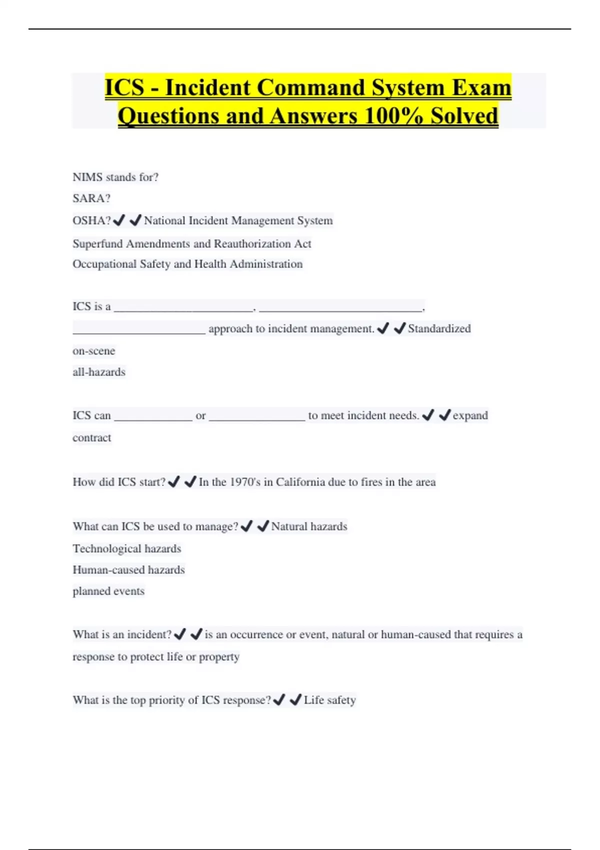 ICS - Incident Command System Exam Questions and Answers 100% Solved - ICS - Incident Command ...