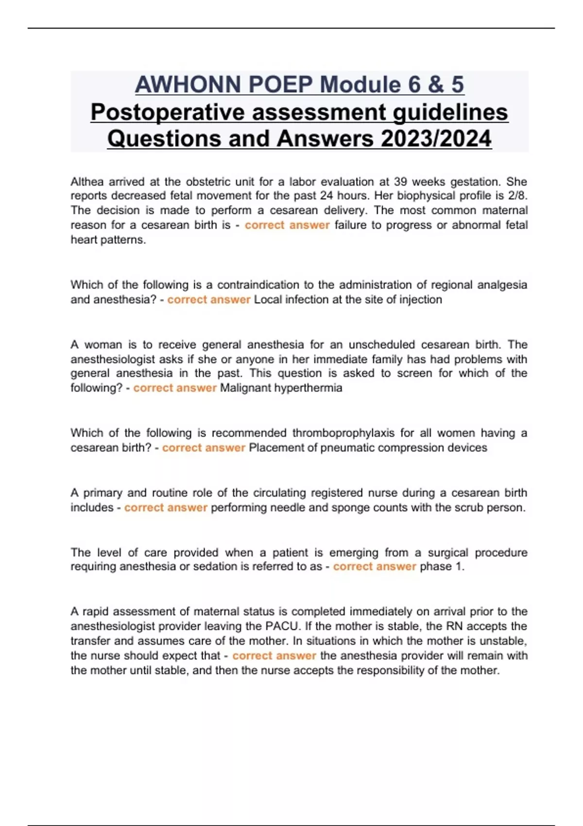 AWHONN POEP Module 6 & 5 Postoperative assessment guidelines Questions ...