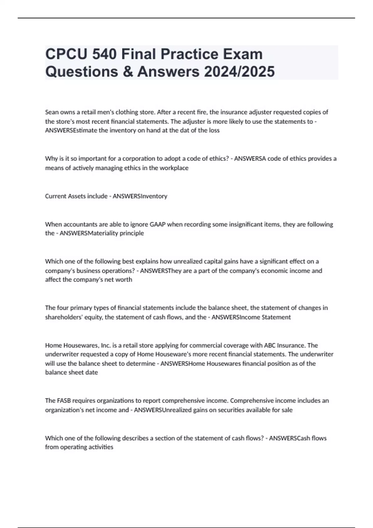 CPCU 540 Final Practice Exam Questions & Answers 2024/2025 - CPCU 540 ...