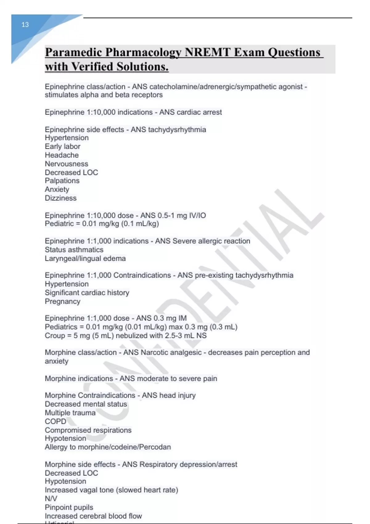 Paramedic Pharmacology NREMT Exam Questions with Verified Solutions ...