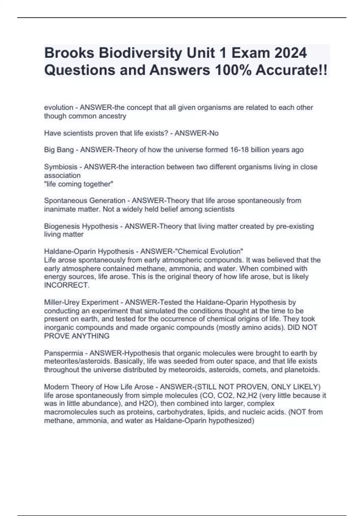 Brooks Biodiversity Unit 1 Exam 2024 Questions and Answers 100% Accurate!! - Brooks Biodiversity ...