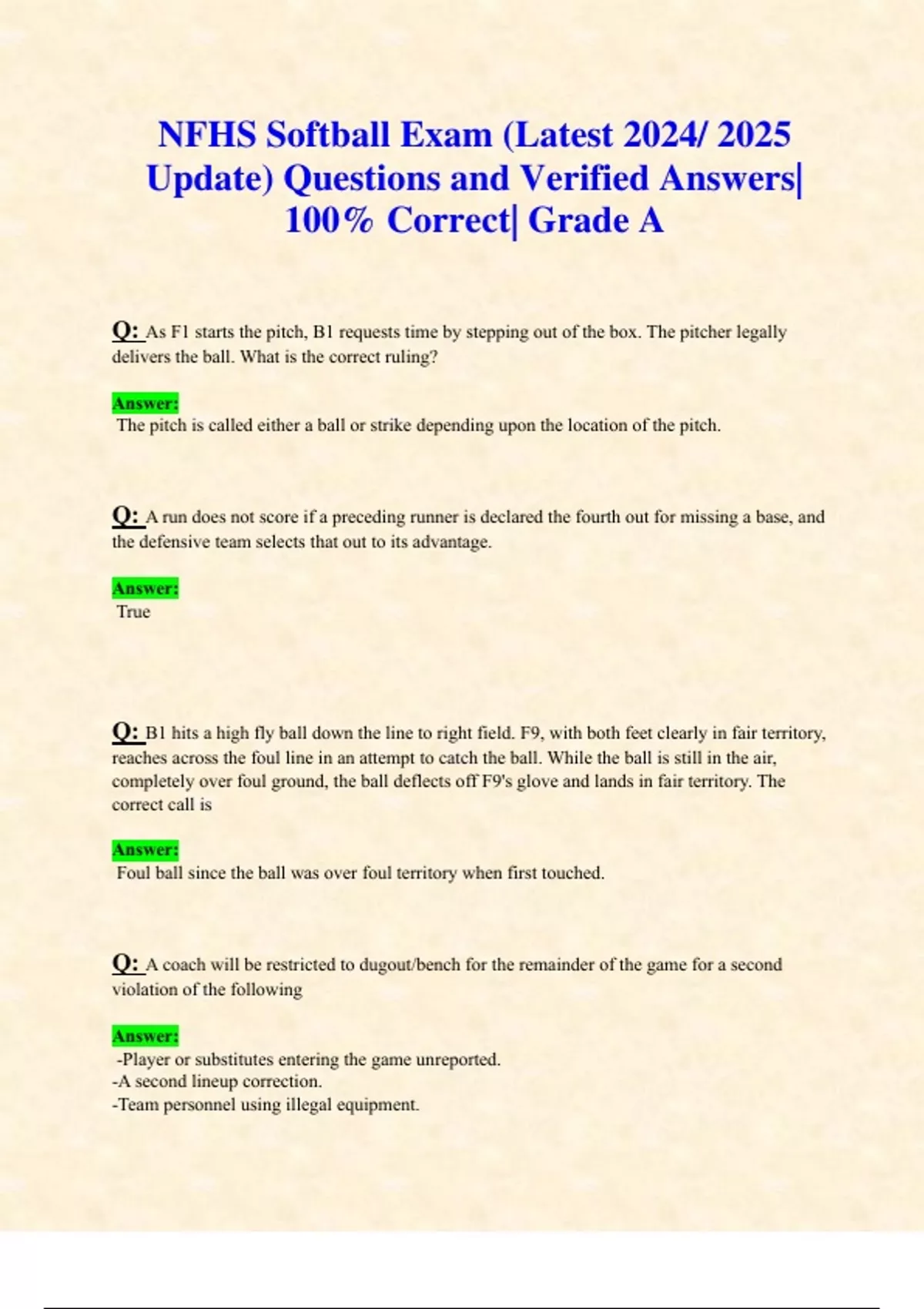 NFHS Softball Exam (Latest 2024/ 2025 Update) Questions and Verified ...