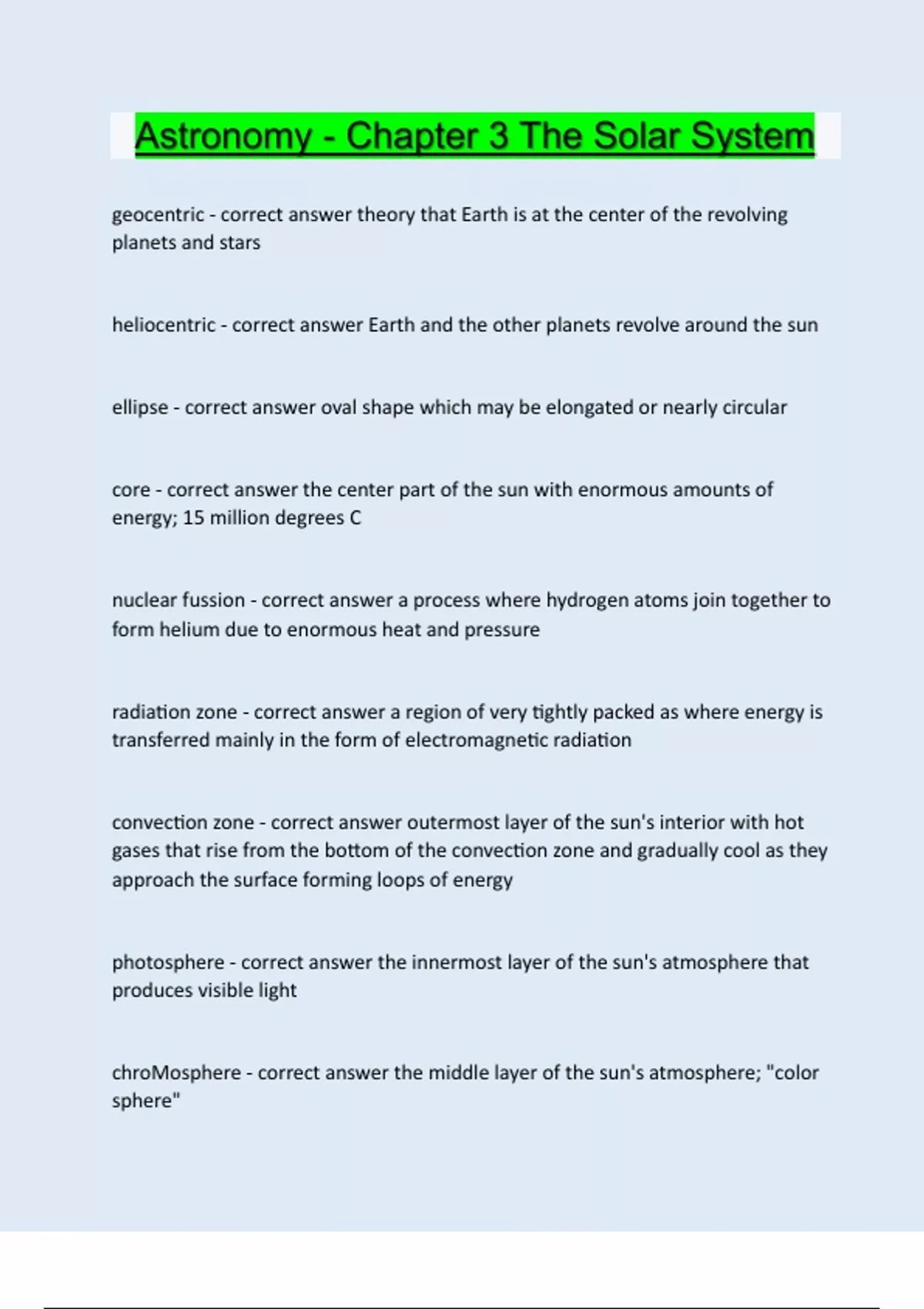 Astronomy - Chapter 3 The Solar System Questions and answers latest ...