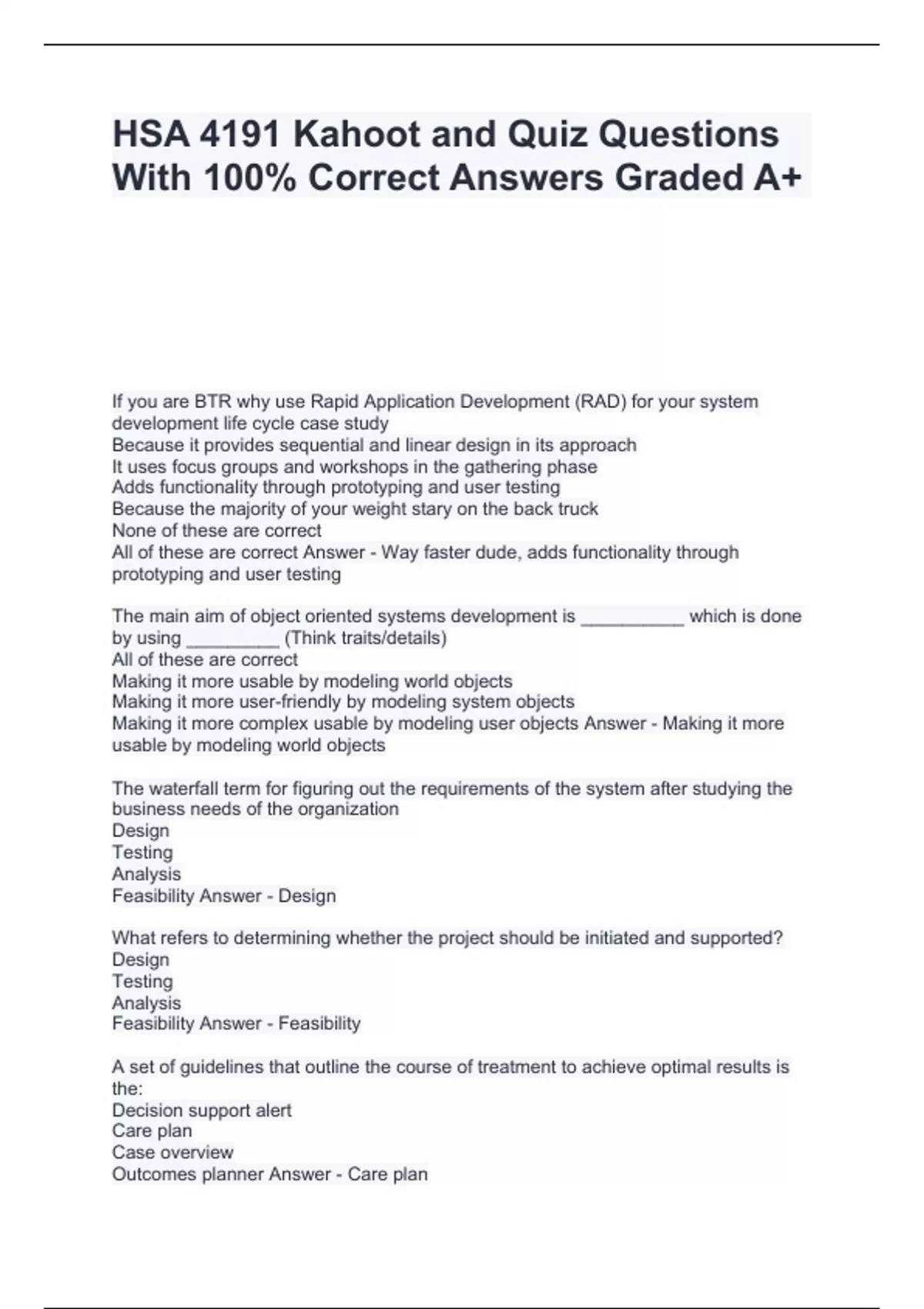 HSA 4191 Kahoot and Quiz Questions With 100% Correct Answers Graded A+ ...