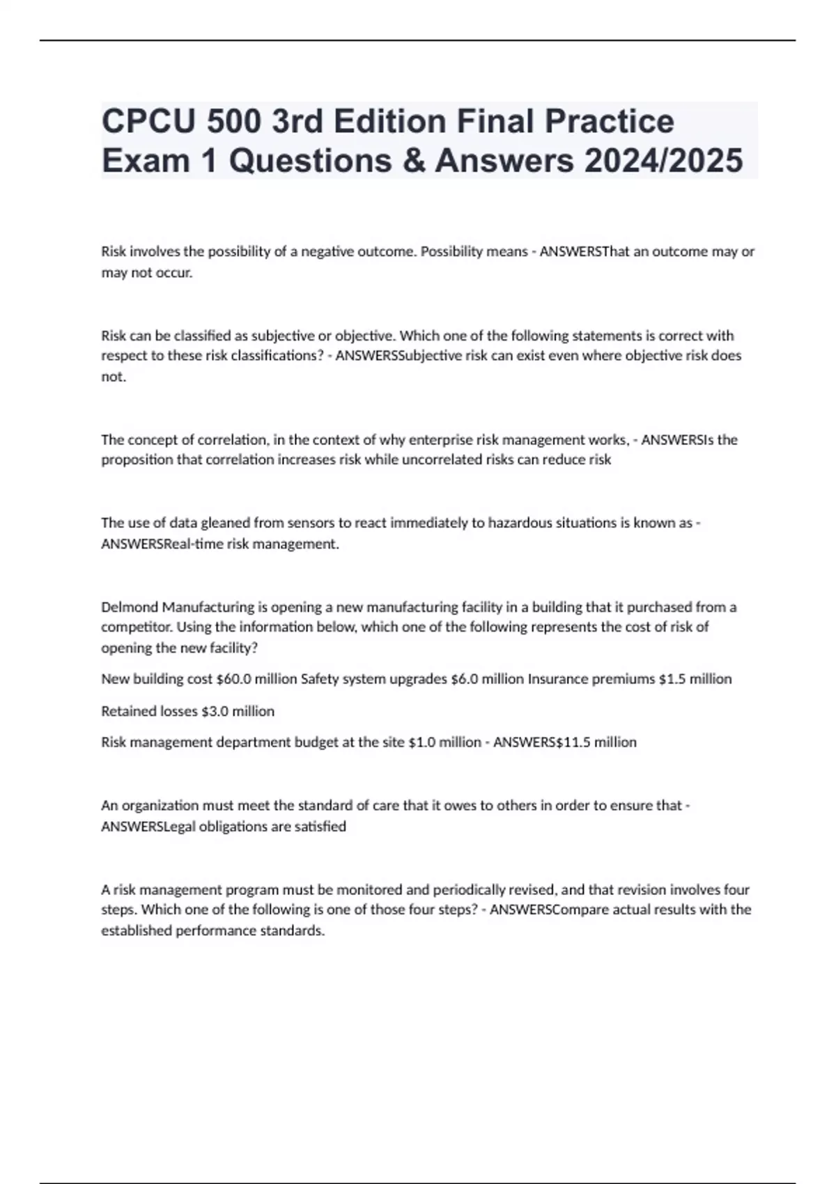 CPCU 500 3rd Edition Final Practice Exam 1 Questions & Answers 2024/ ...