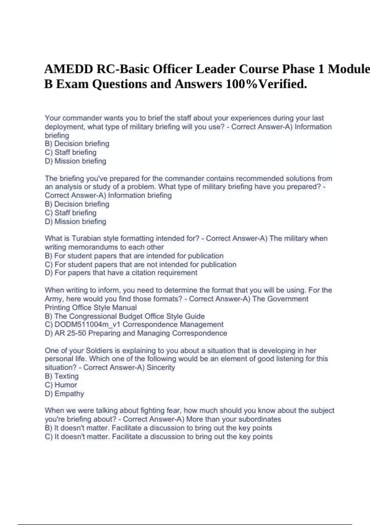 AMEDD RC-Basic Officer Leader Course Phase 1 Module B Exam Questions ...