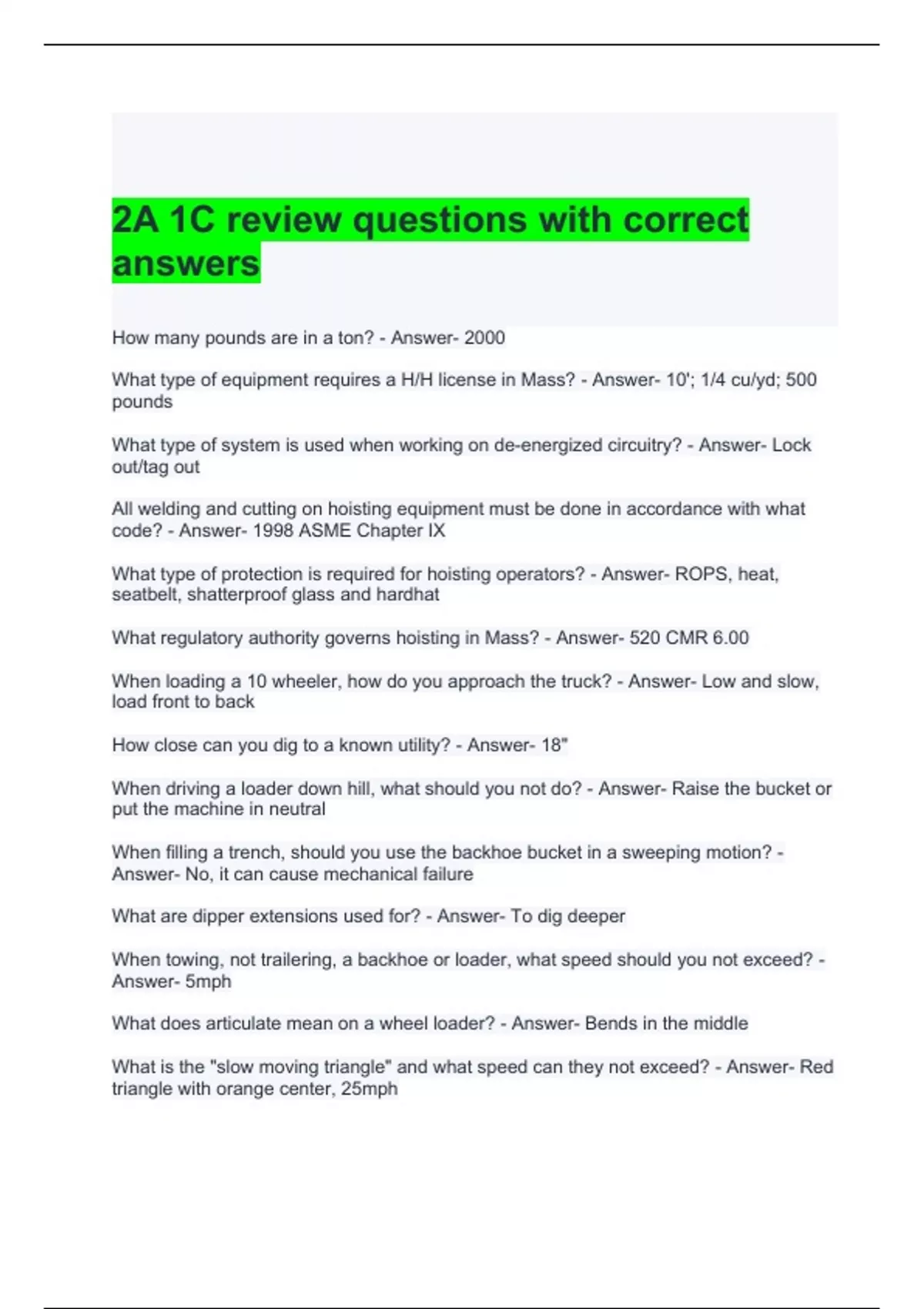 2A 1C review questions with correct answers 2024 - MA Hoisting - Stuvia US