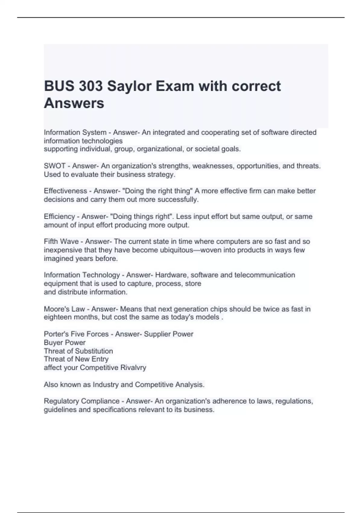 BUS 303 Saylor Exam with correct Answers Graded A - Saylor - Stuvia US