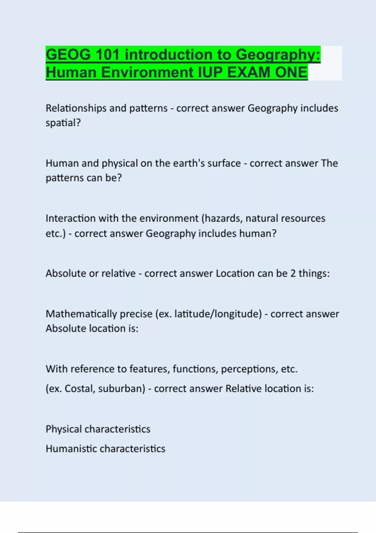 GEOG 101 introduction to Geography Human Environment IUP EXAM ONE ...