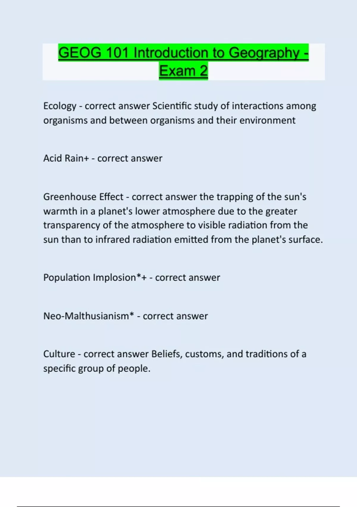 GEOG 101 Introduction to Geography - Exam 2 Questions and answers ...