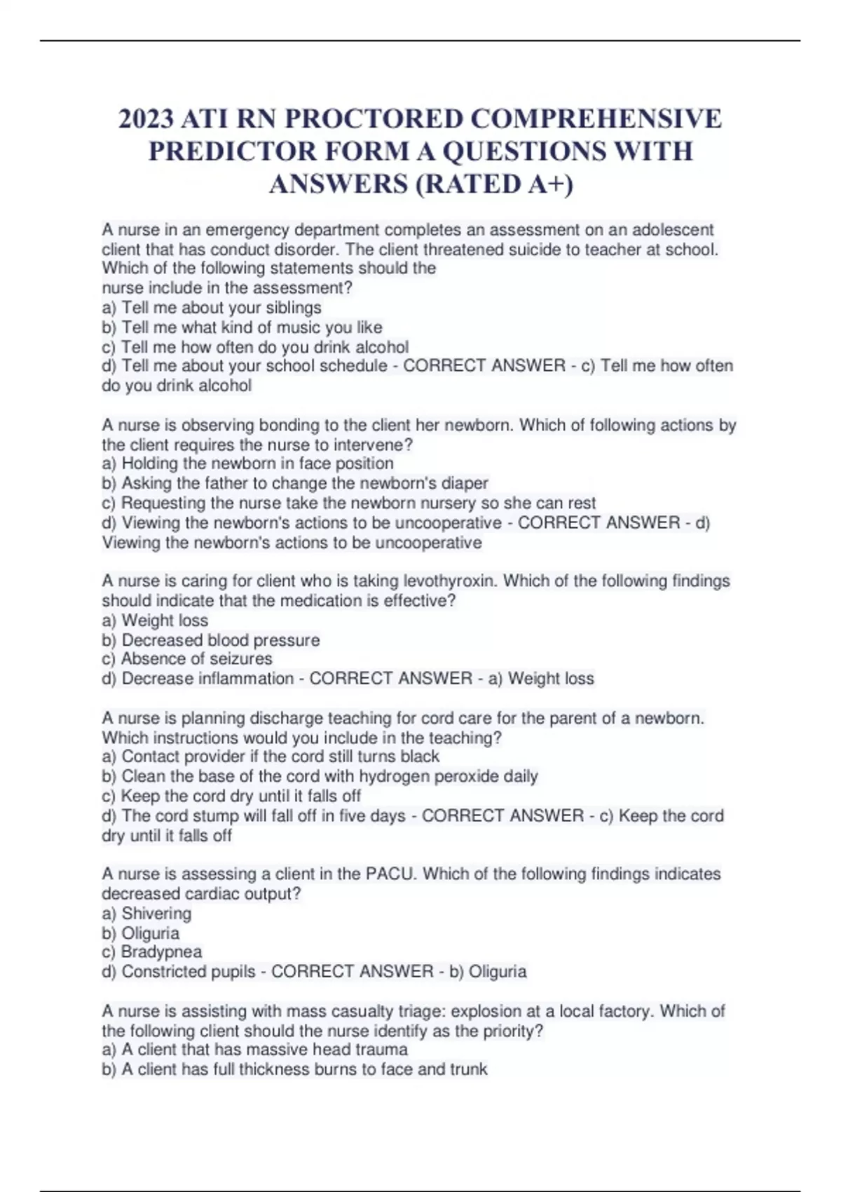 2023 ATI RN PROCTORED COMPREHENSIVE PREDICTOR FORM A QUESTIONS WITH ...
