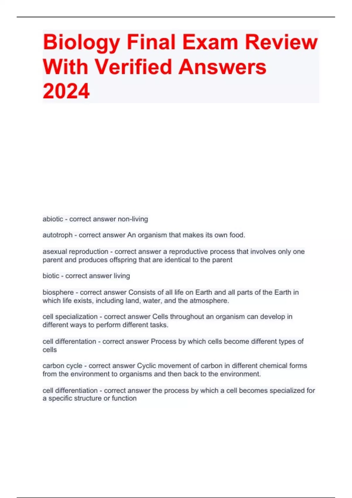 Biology Final Exam Review With Verified Answers 2024 - Biology 121 ...