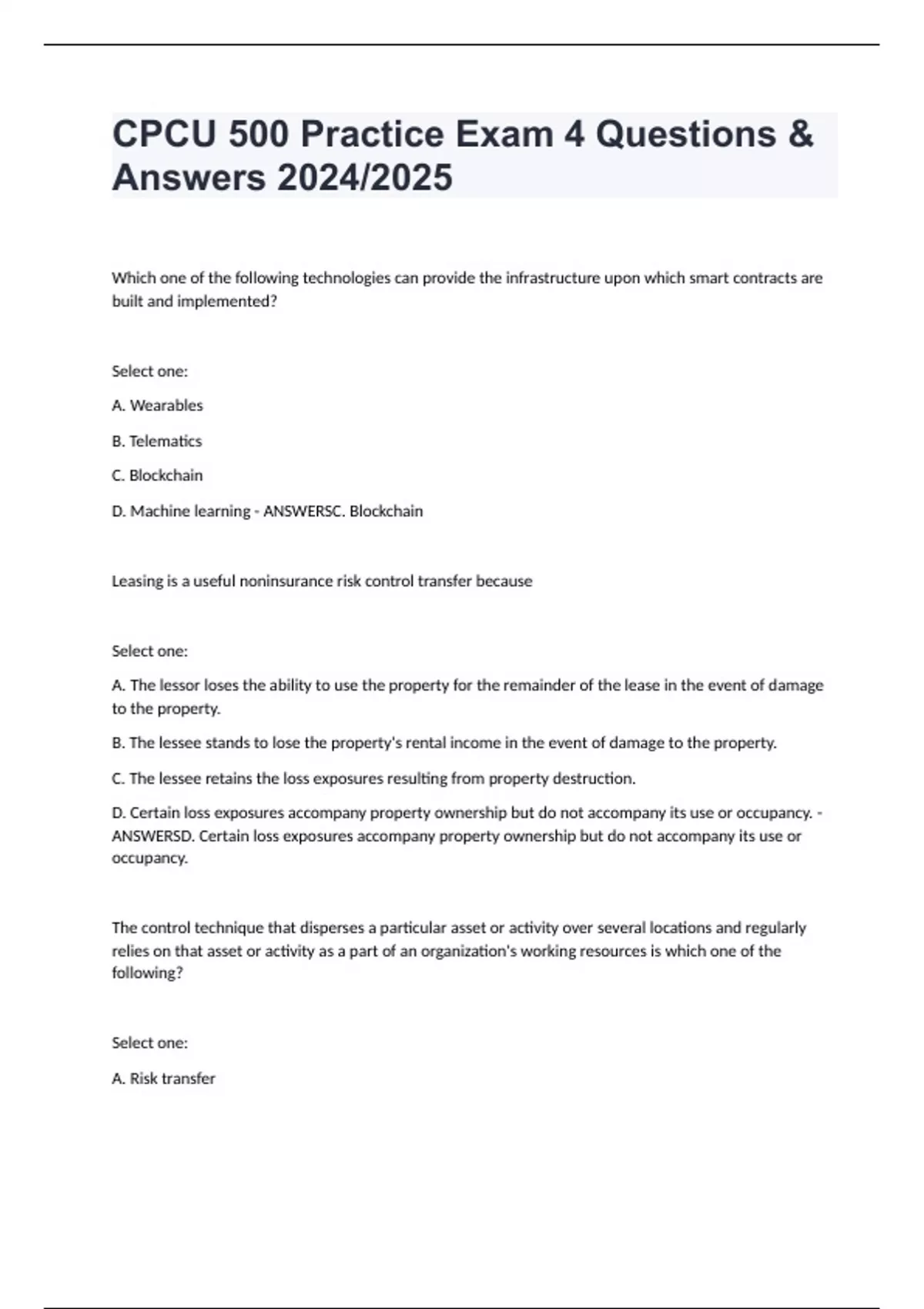 CPCU 500 Practice Exam 4 Questions & Answers 2024/2025 - CPCU 500 ...